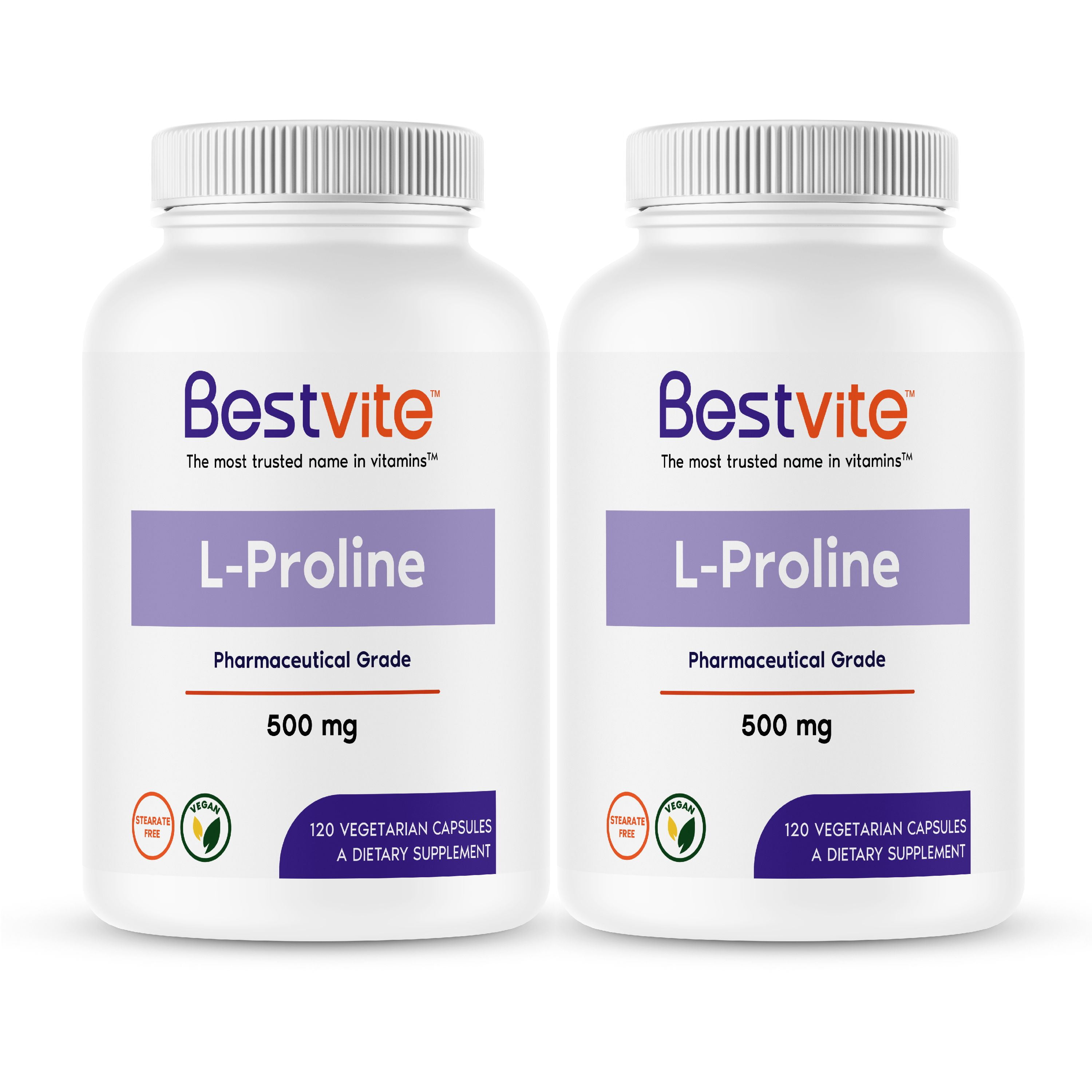 L-Proline 500mg (240 Vegetarian Capsules) (2-Pack) - No Stearates - No ...