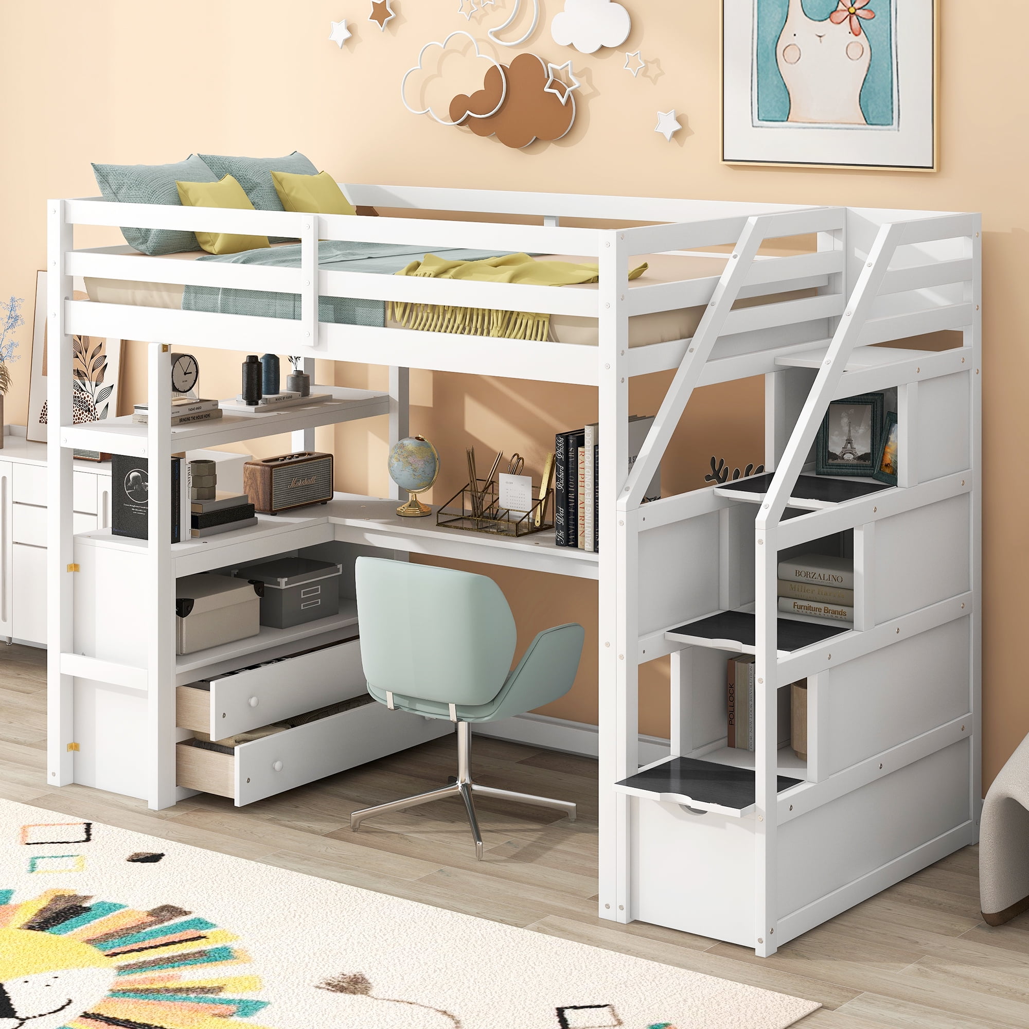 Bellemave Wooden Twin Loft Bed with Stairs, Desk, Bookcase, Storage ...