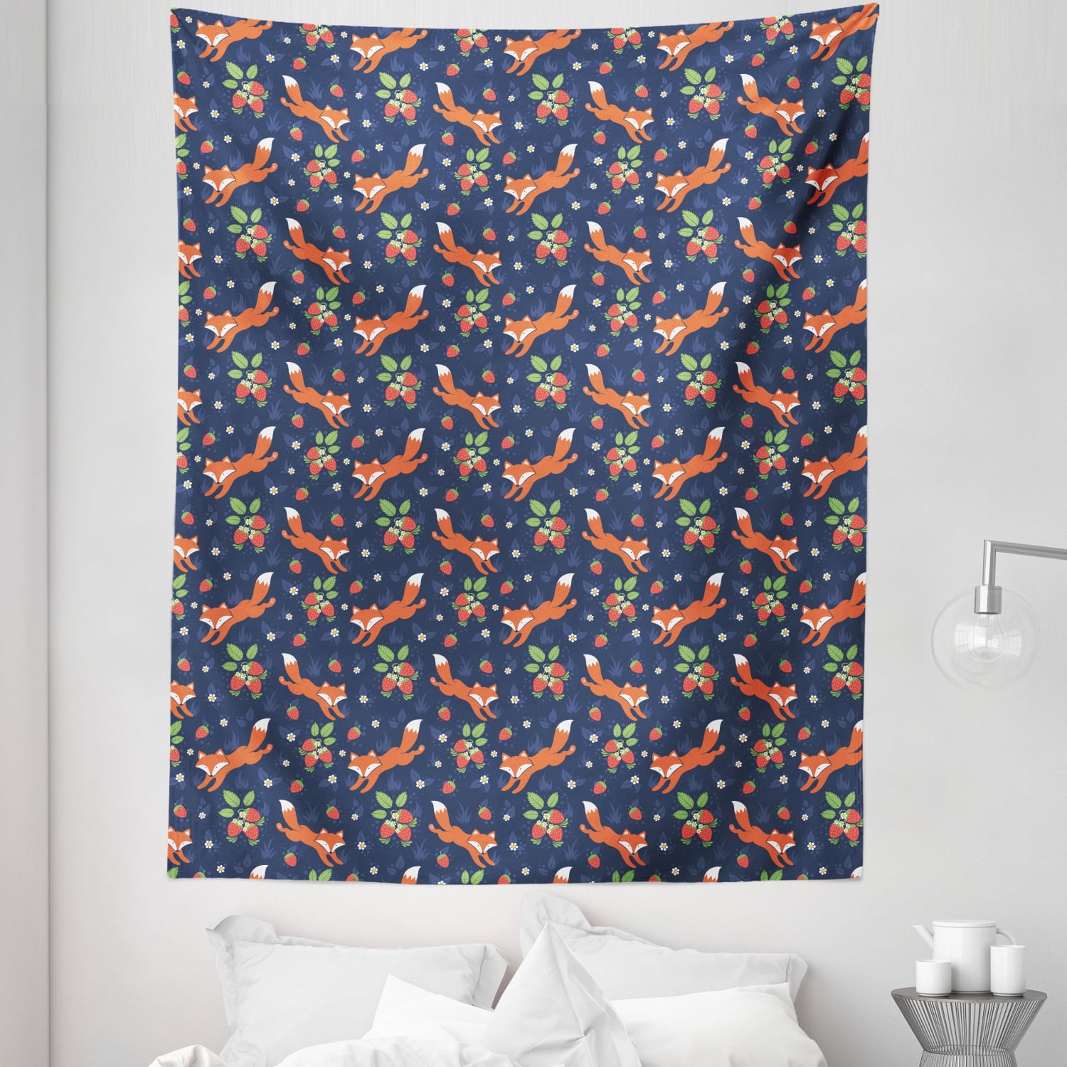 Fox Tapestry, Cartoonish Pattern with Animal and Floral Strawberry ...