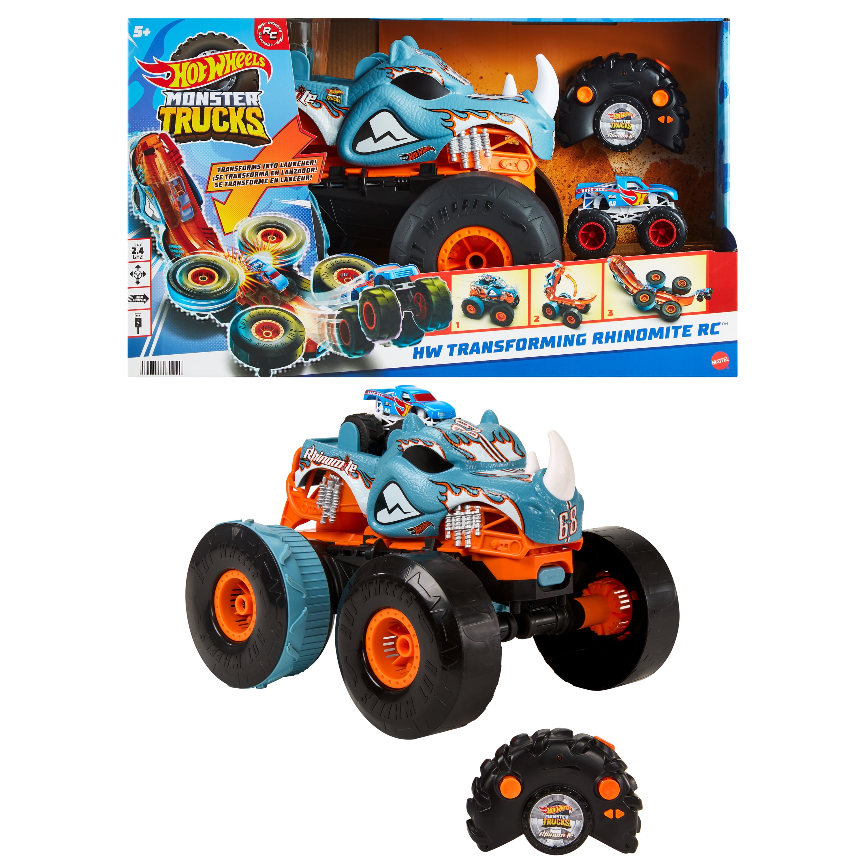 Hot Wheels Monster Trucks RC Rhinomite Transforms into Launcher, Includes 1:64 Scale Toy Truck ...