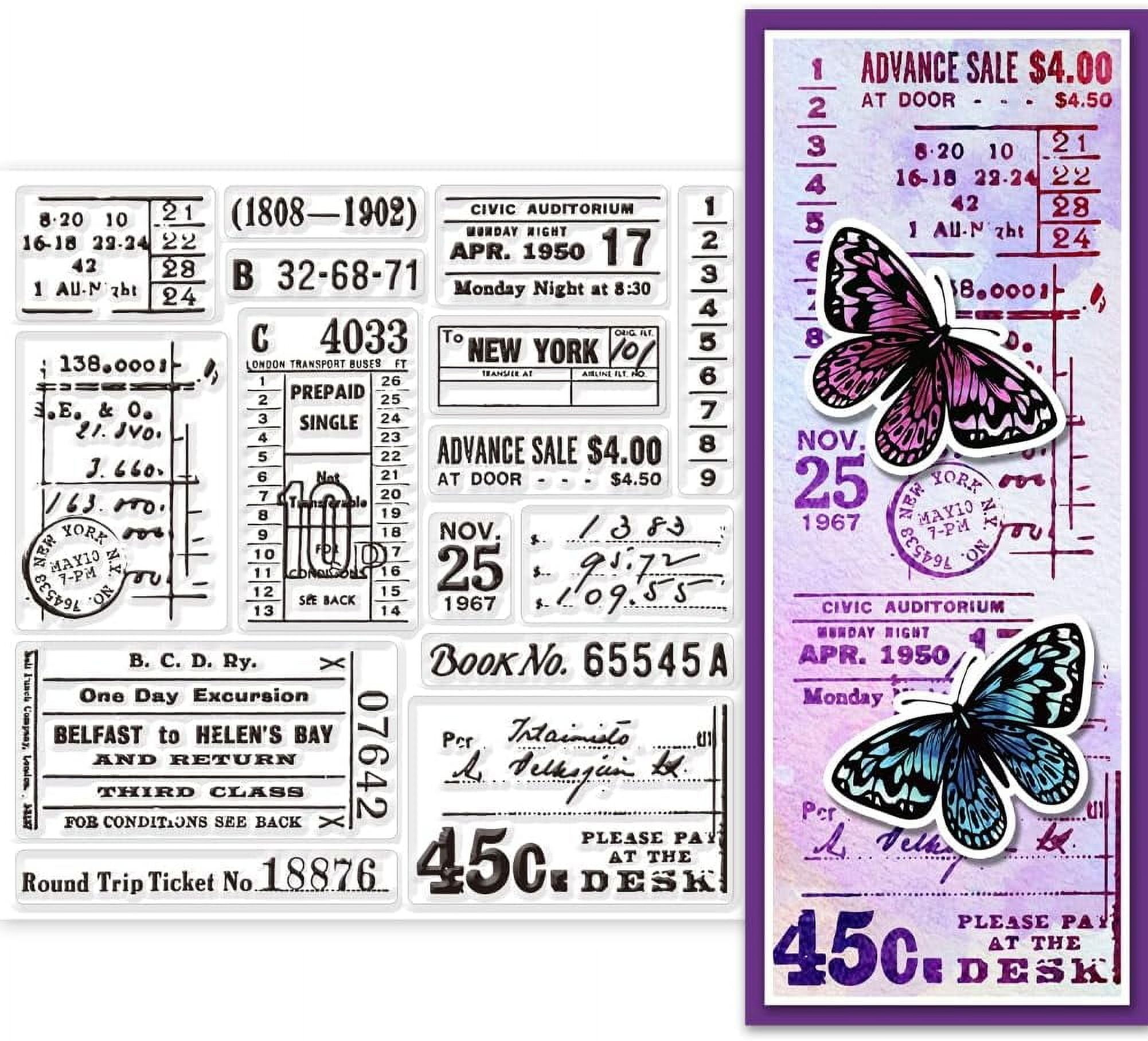 Sellos transparentes con fondo de texto vintage, números retro, láminas ...