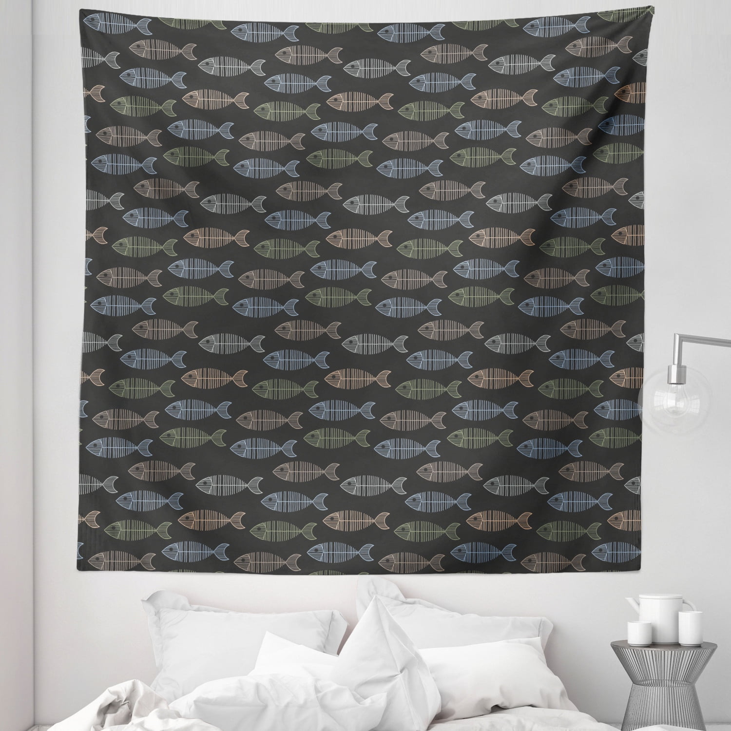 Fish Tapestry, Vintage Geometric Animal Design with Lines Retro Marine ...