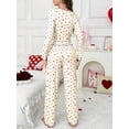 Beige Heart Print V-Neck Bow Trim Long Sleeve Pajama Set Cozy ...