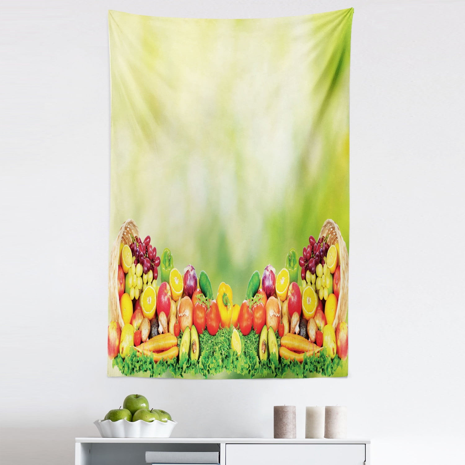 Food Tapestry, Vegetables and Fruits Spilling From Baskets on Blurry ...