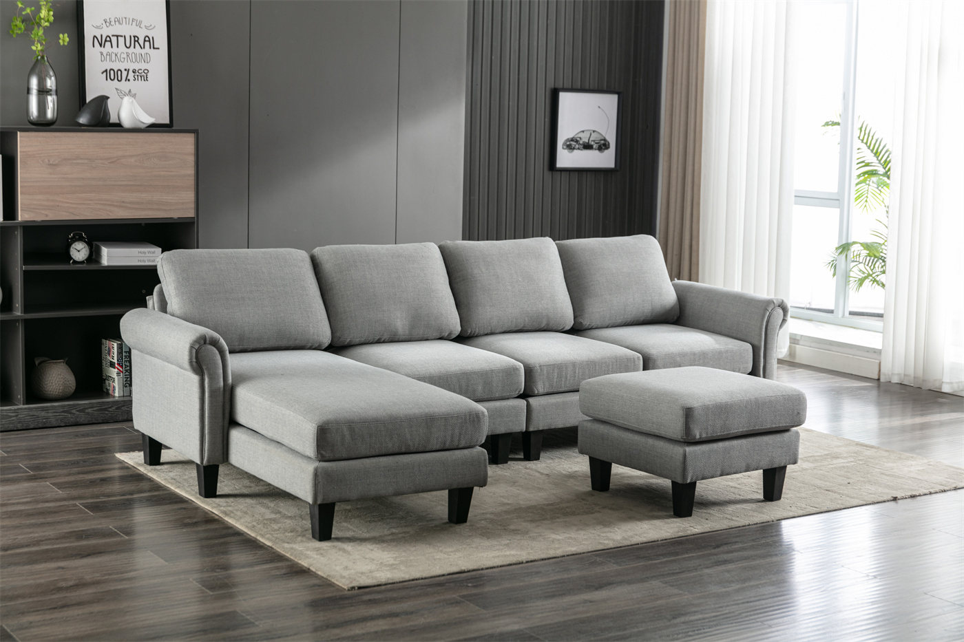 L Shape Sectional Sofa with Removable Ottoman, Modern Linen Fabric ...