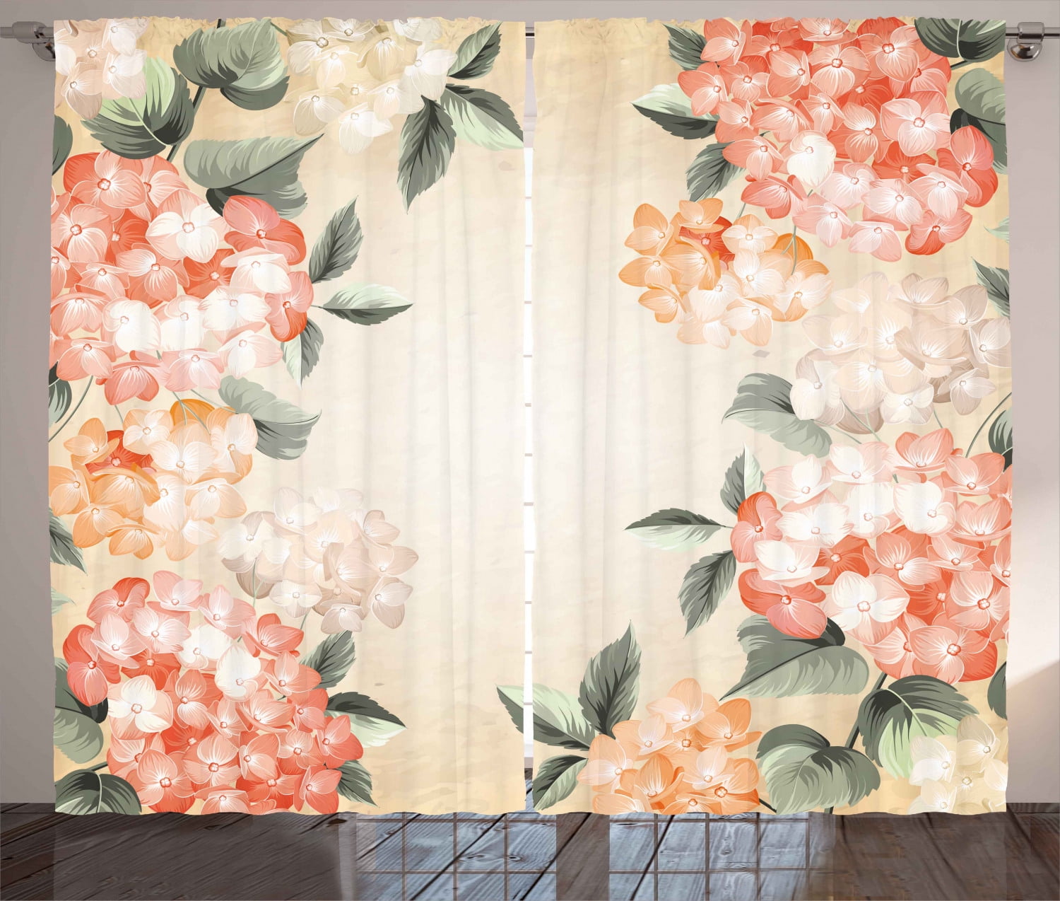 Floral Curtains 2 Panels Set, Blooming Hydrangea Flowers Leaves Bouquet ...