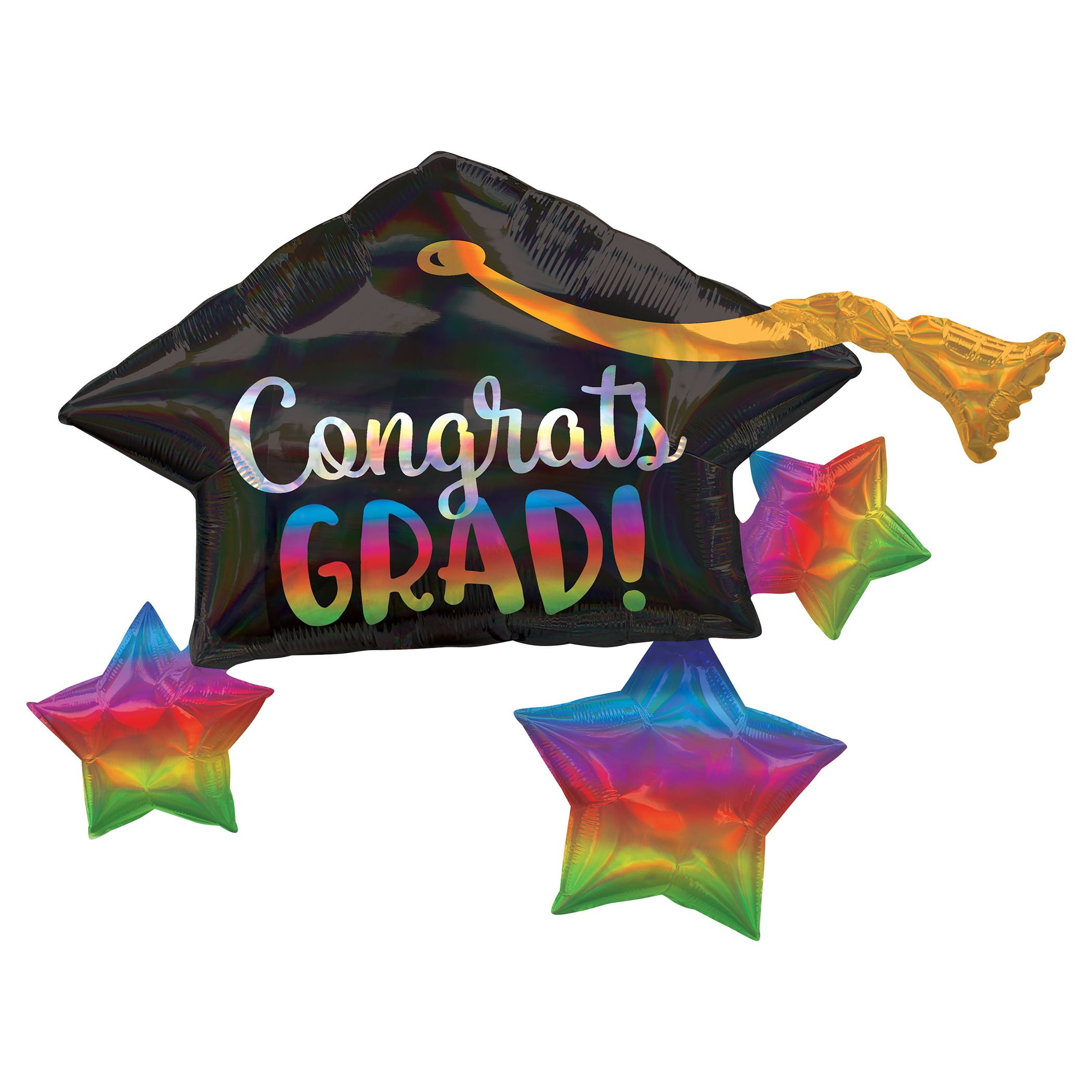Anagram Graduation Cap and Stars 34"x19" Foil Balloon, Rainbow Black ...