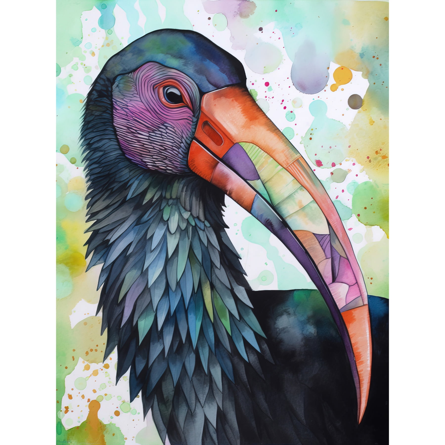 Northern Bald Ibis Bird With Multicoloured Beak Folk Art Watercolour ...