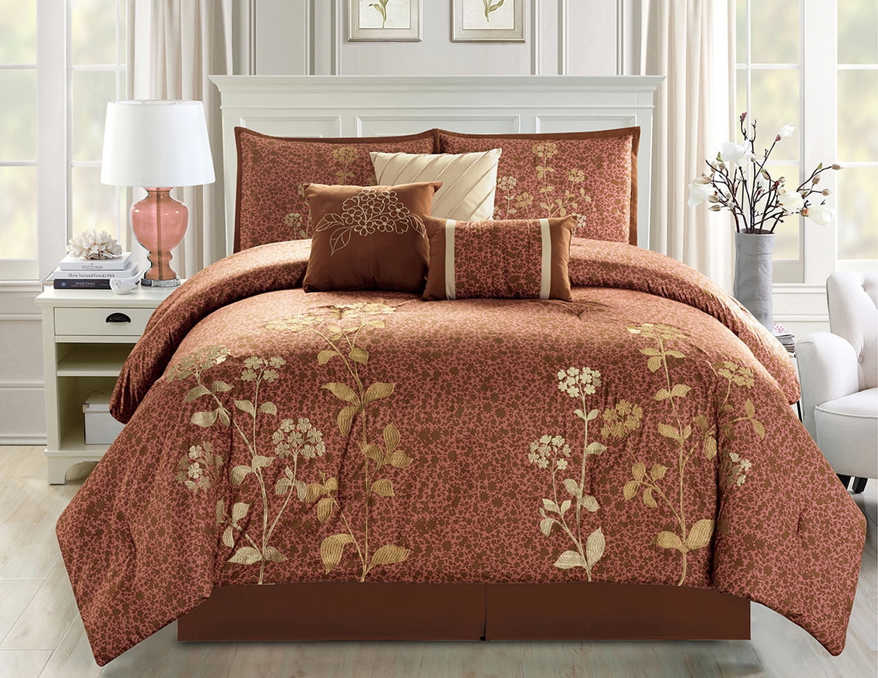 7-Pc Spring Wild Flower Embroidery Comforter Set Brown Coffee Gold ...