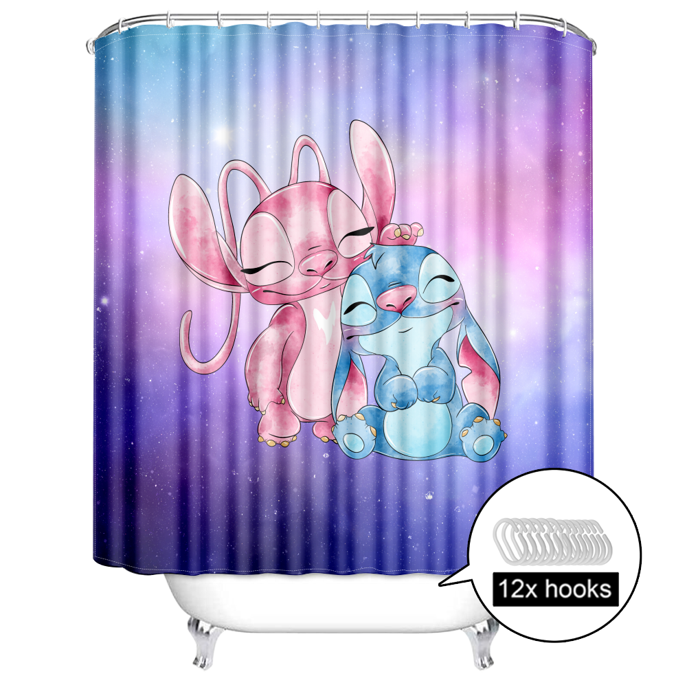 Lilo Stitch Cartoon Polyester Shower Curtain Set With 12 Hooks