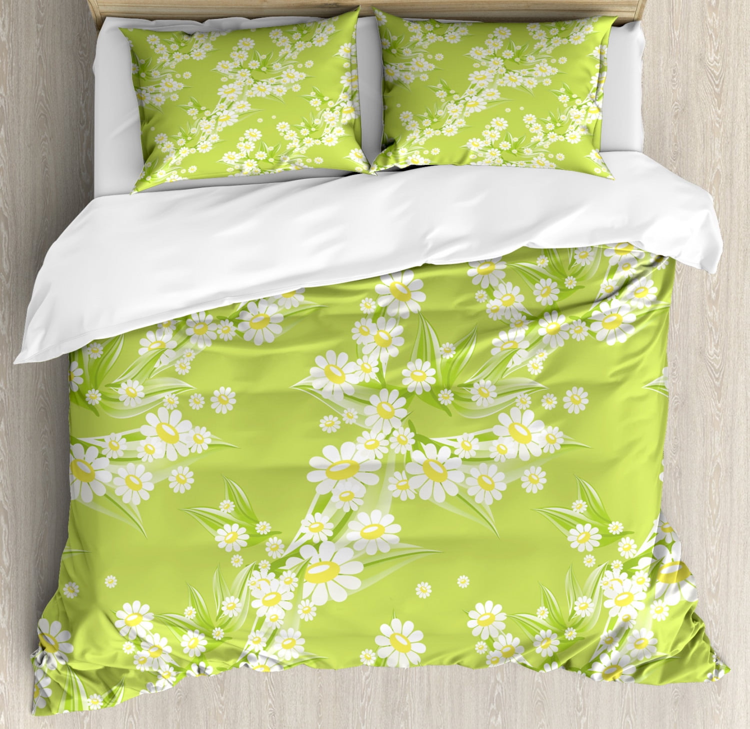 Daisy Duvet Cover Set Queen Size, Spring Chamomiles Leaf Flora Greenery ...