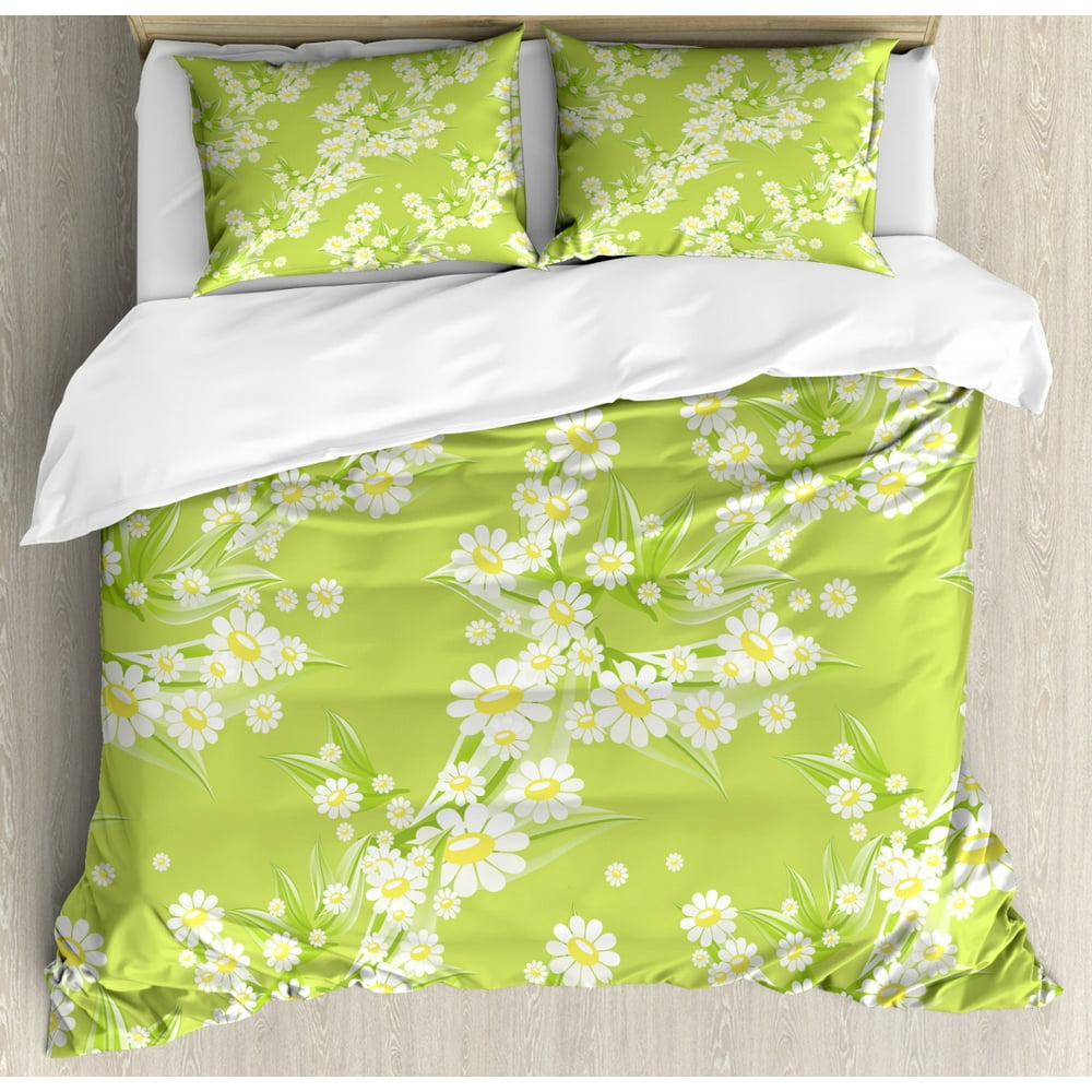 Daisy Duvet Cover Set Queen Size, Spring Chamomiles Leaf Flora Greenery ...
