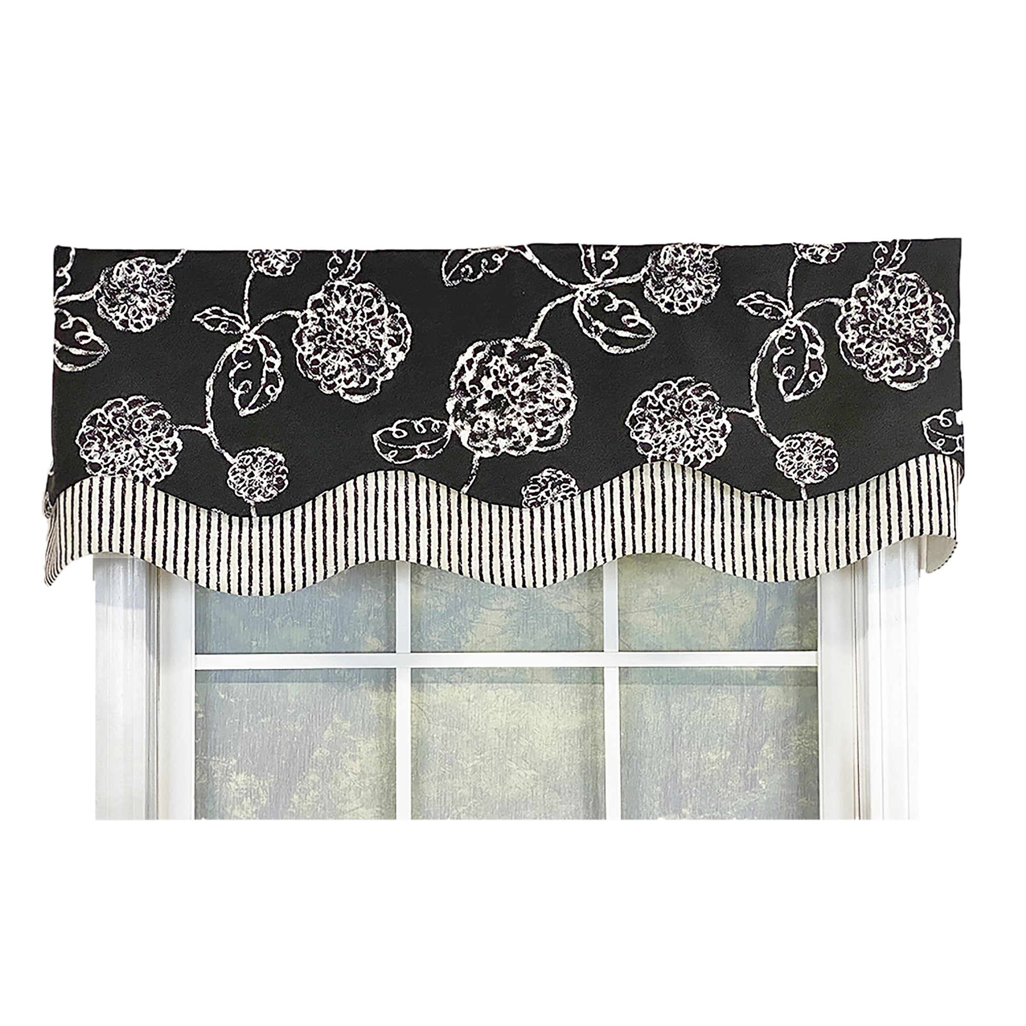 RLF Home Pouf Floral Glory Valance Black. 3" Rod Pocket, Layered. 50"W ...