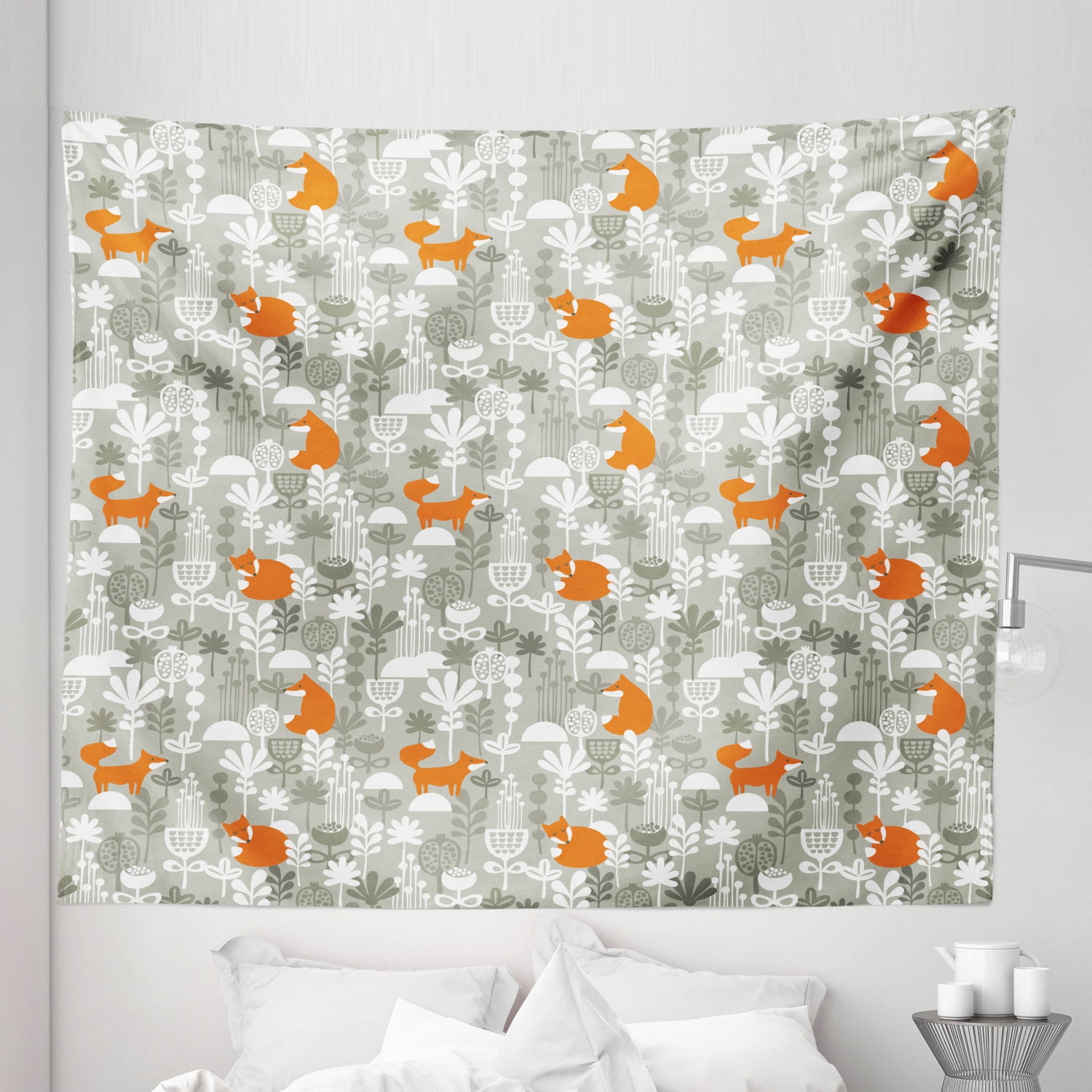 Fox Tapestry, Woodland Animals in Flower Field Cartoon Sleeping Forest ...