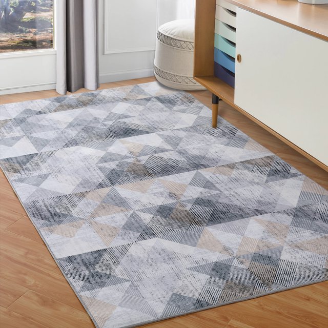 Modern Area Rug, Geometric Pattern Print Velvet Plush Carpet Distressed ...