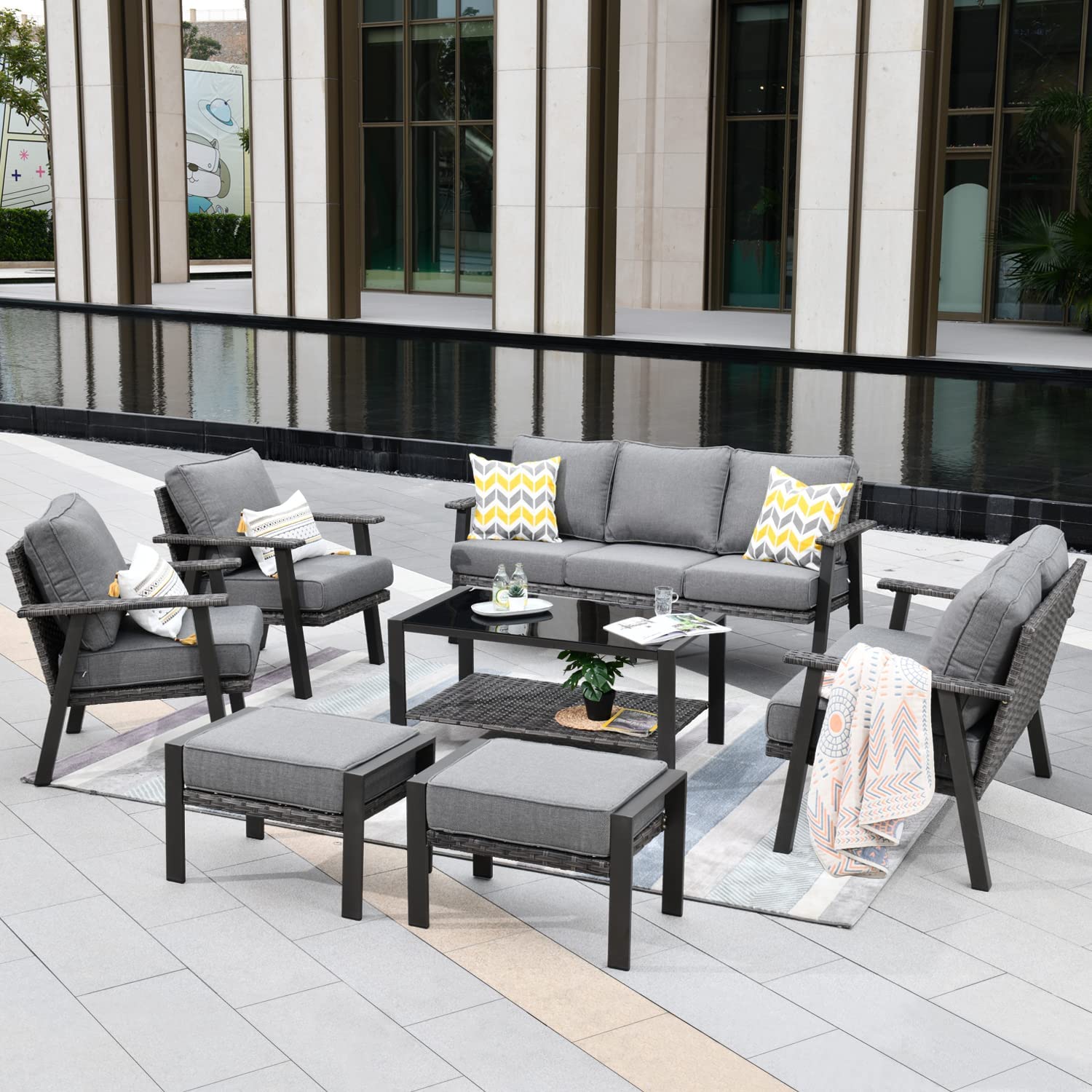 HOOOWOOO Outdoor 6 Piece Modern Conversation Set with 3 Seat Sofa 2 PCS ...