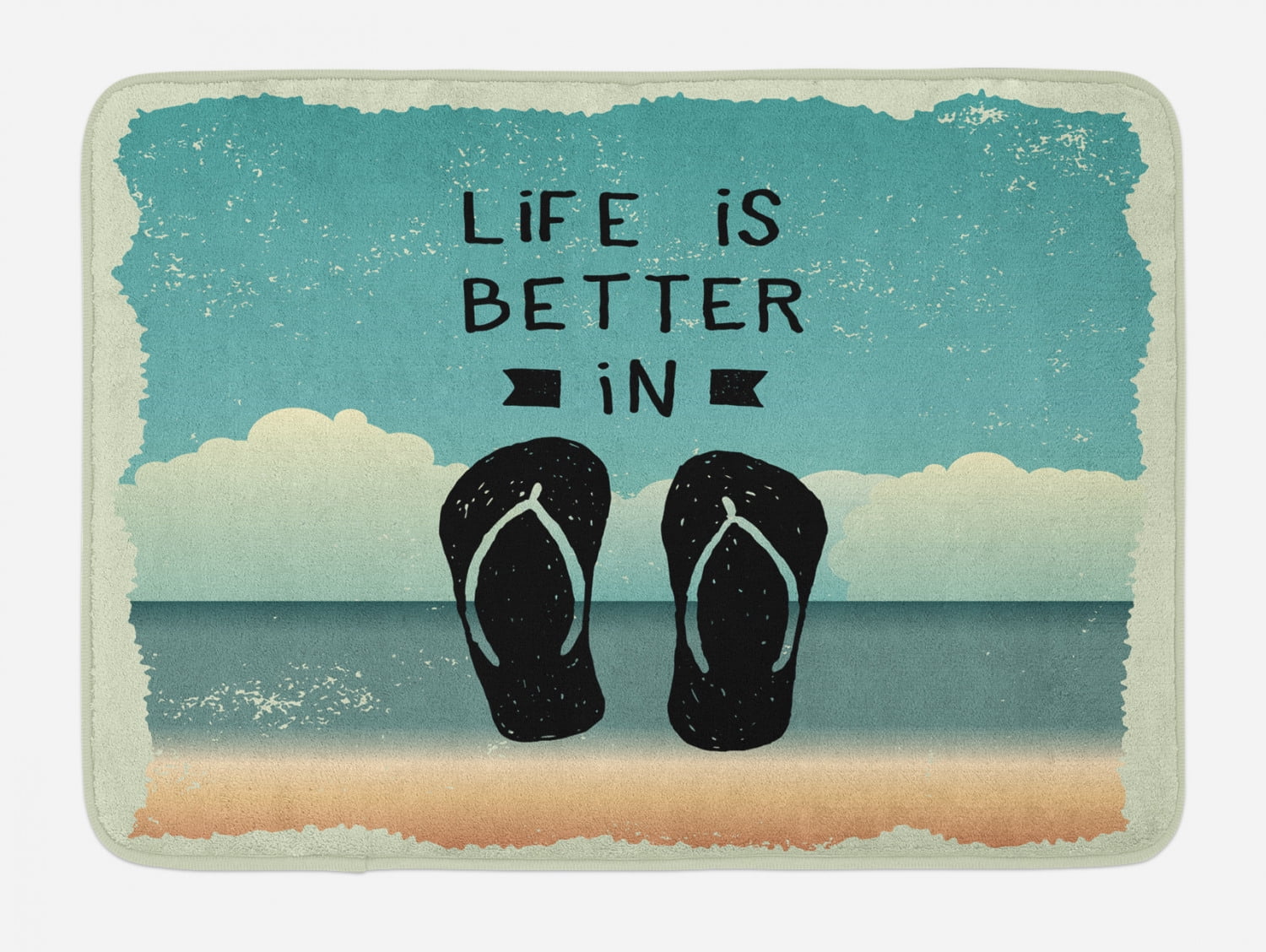 Flip Flop Bath Mat, Scribbled Hand Drawn Style Beach Sandals with a ...