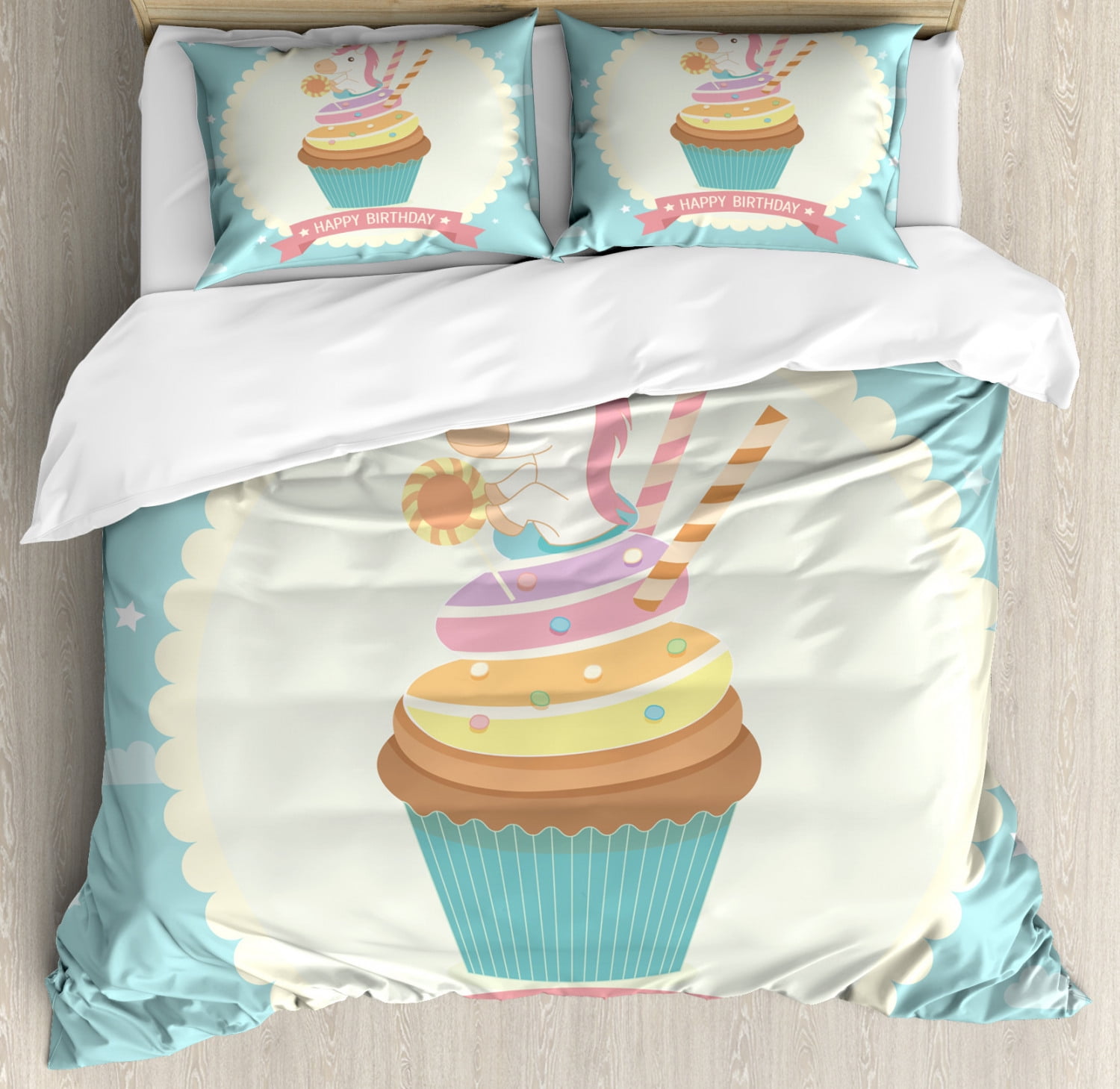 Unicorn Party Queen Size Duvet Cover Set, Fairy Tale Character Sitting ...