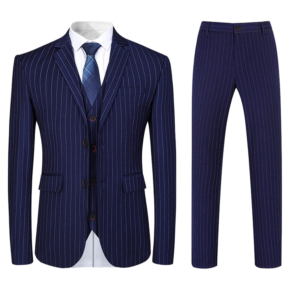 Mens 3 Piece Suit Formal Pinstripe Slim Fit Notched Lapel Dress Blazer ...