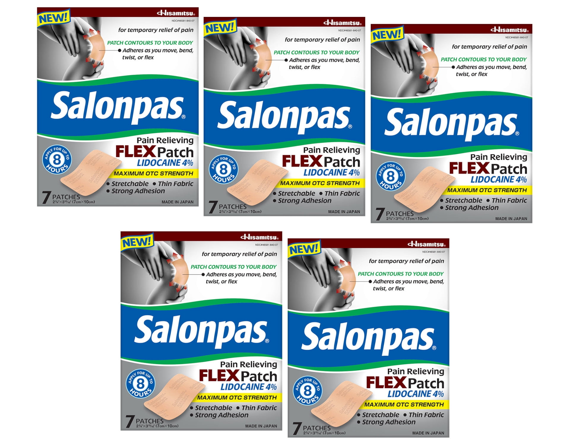 Salonpas Pain Relieving Flex Patch Lidocaine 4%, 7 Count - Pack of 5 ...