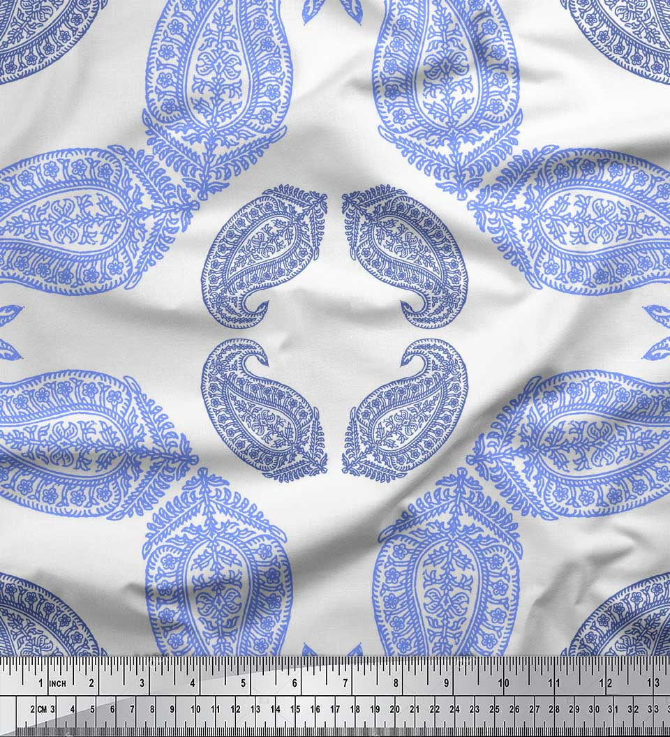Soimoi Blue Modal Satin Fabric Floral & Block Print Sewing Fabric Yard ...