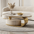 51.18" Luxury Oval Coffee Table with Drawer, Print Glass Top, Brushed ...
