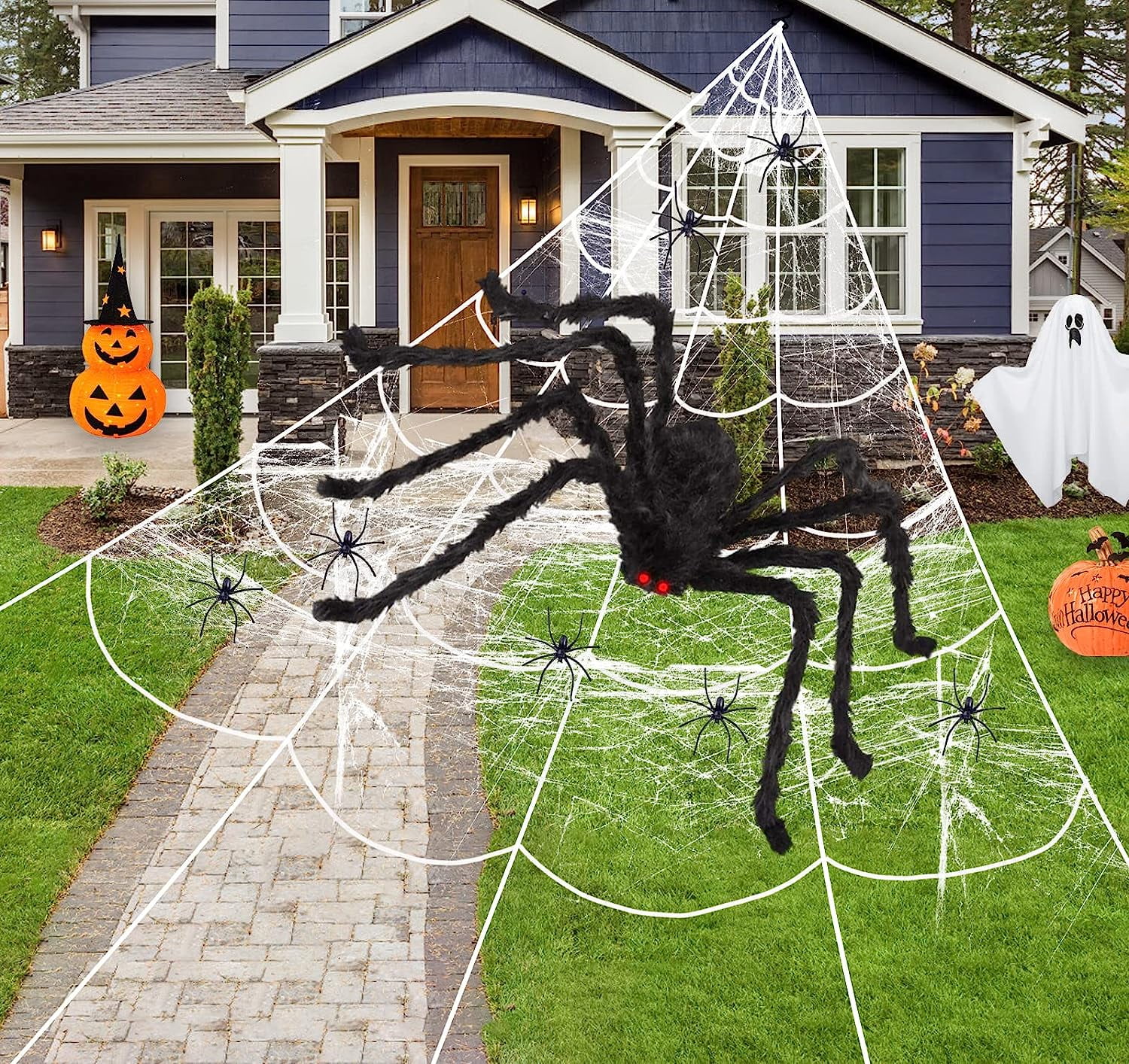 EFINNY Giant Yard Halloween Decorations Outdoor Spider Web with 78.7 ...