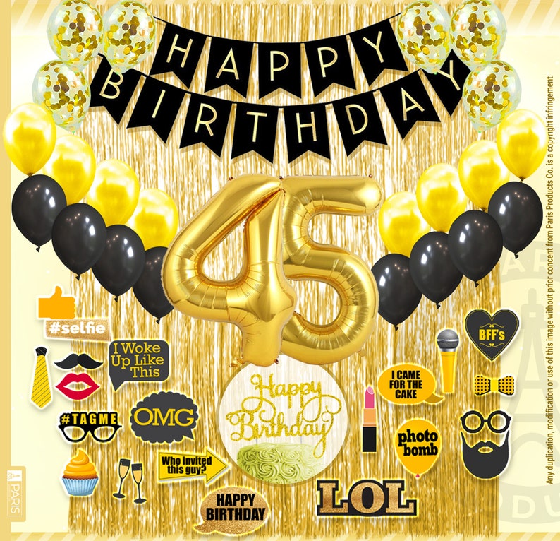 45th Birthday Decoration Black and Gold for Boy & Girl, 45th Cake ...