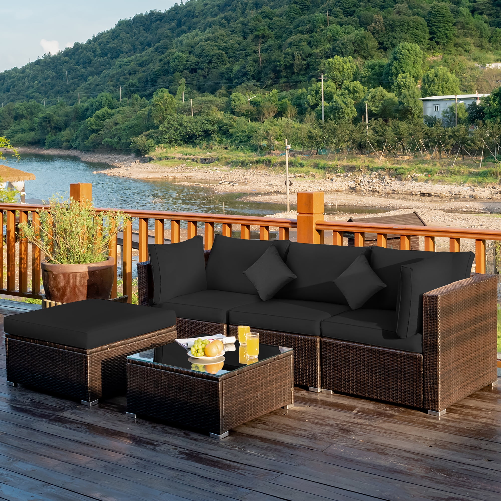 Costway 5PCS Outdoor Patio Rattan Furniture Set Sectional Conversation ...