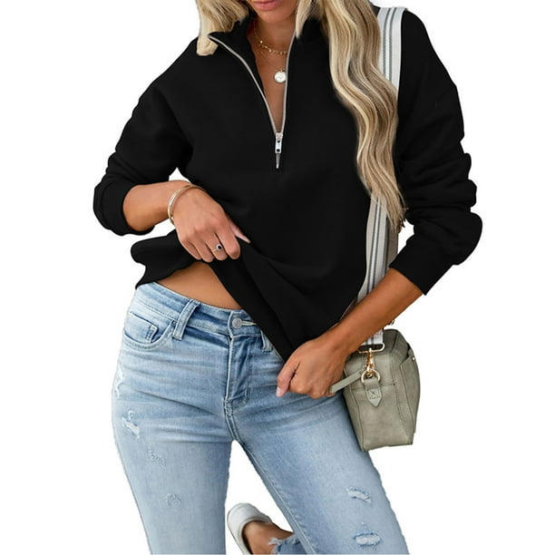 Half Zip Up Pullover Long Sleeves Pure Color Loose Fitting Stylish ...