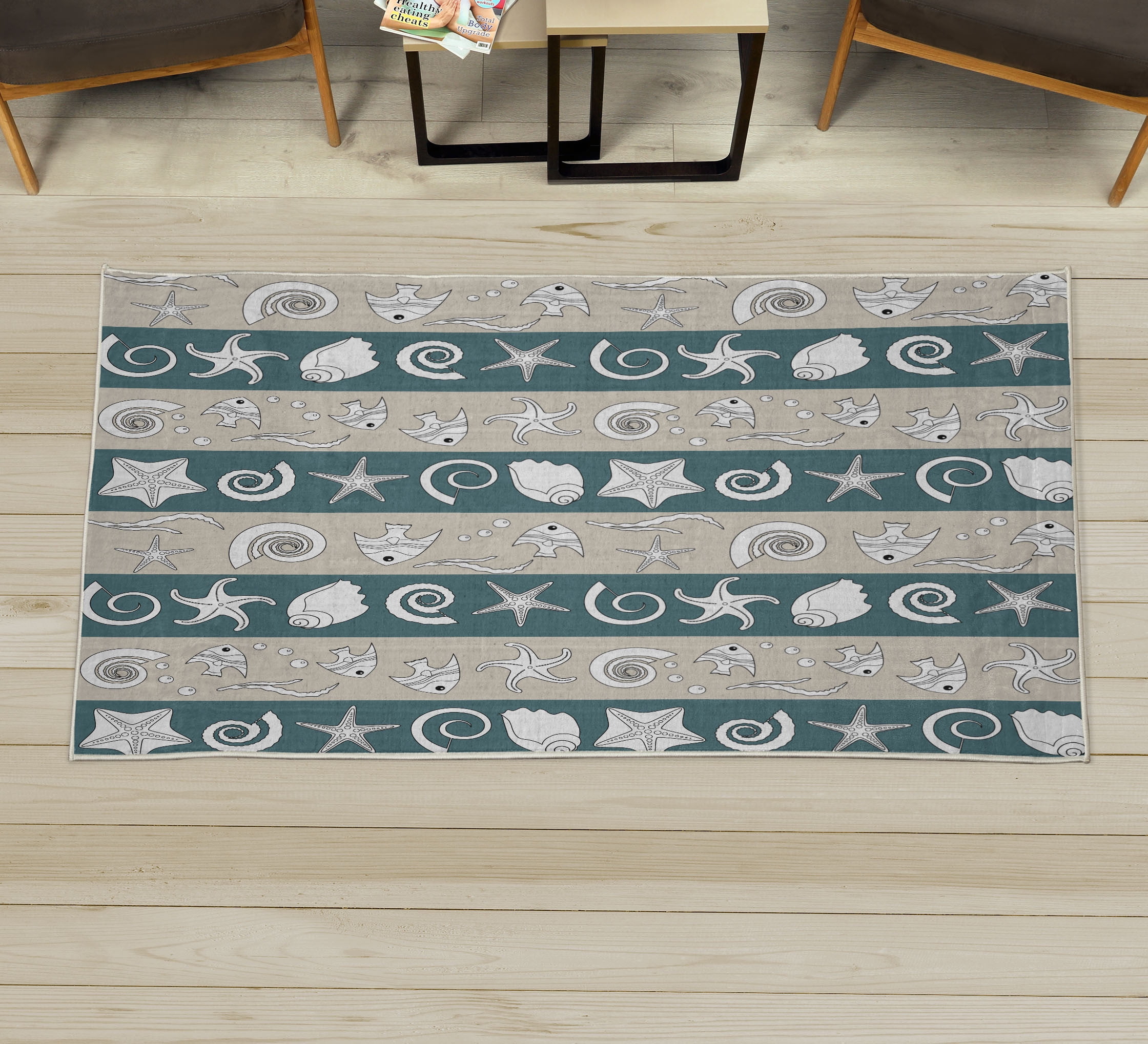 Nautical Decorative Rug, Marine Theme Sea Animals Fishes Shells on ...