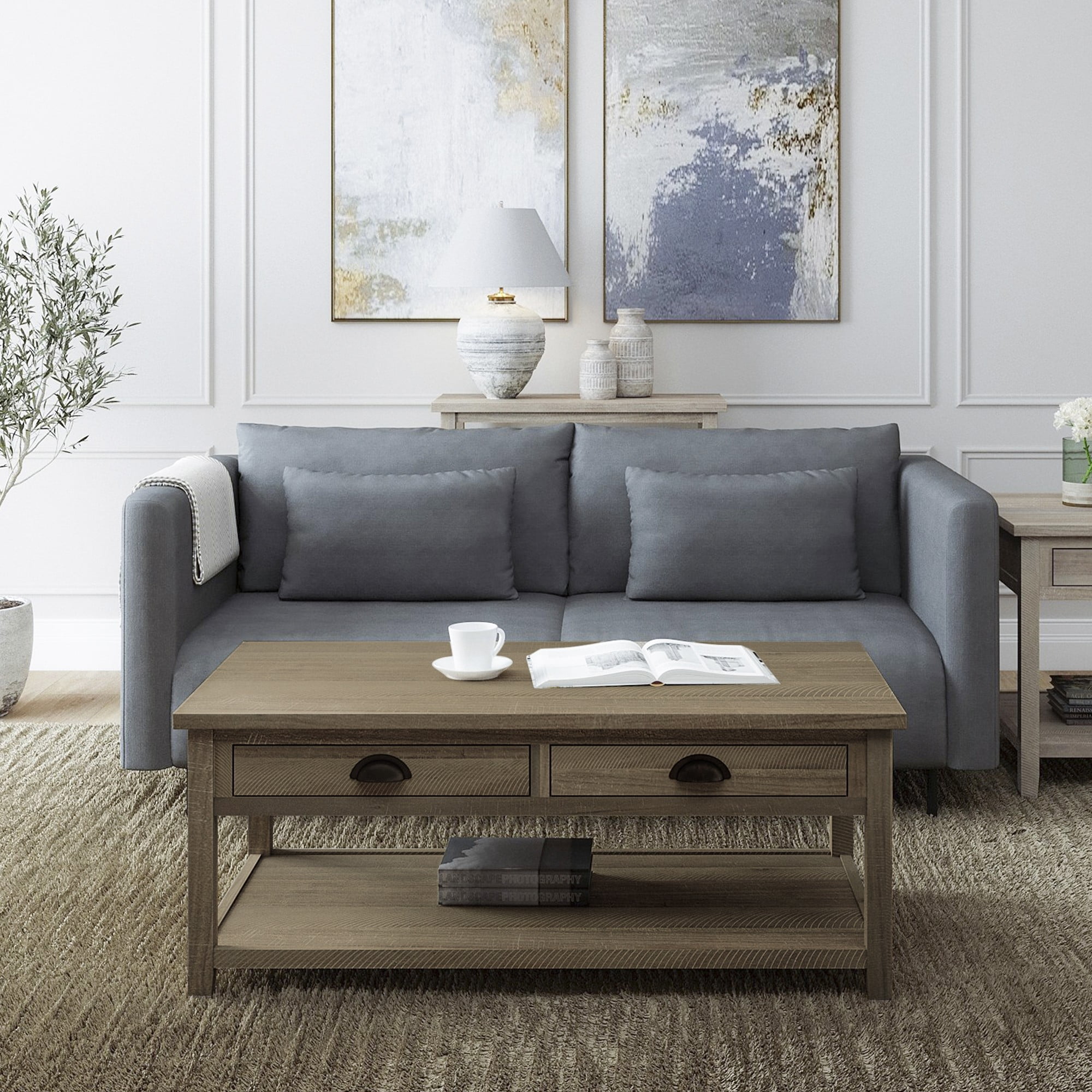 Modern Wood Frame Coffee Table, Double Tier Square Coffee Tables with ...