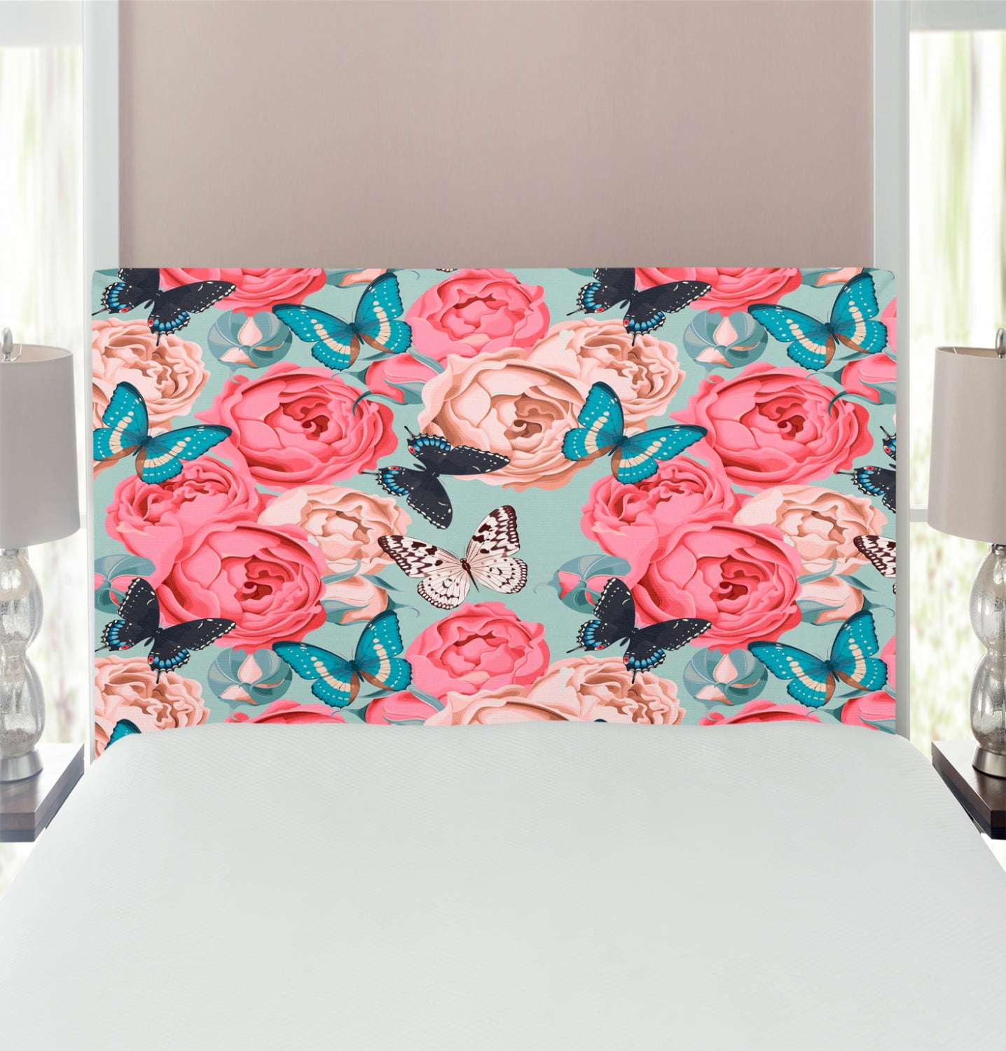 Butterfly Headboard, Peony Roses Butterflies Romantic Graphic Print ...