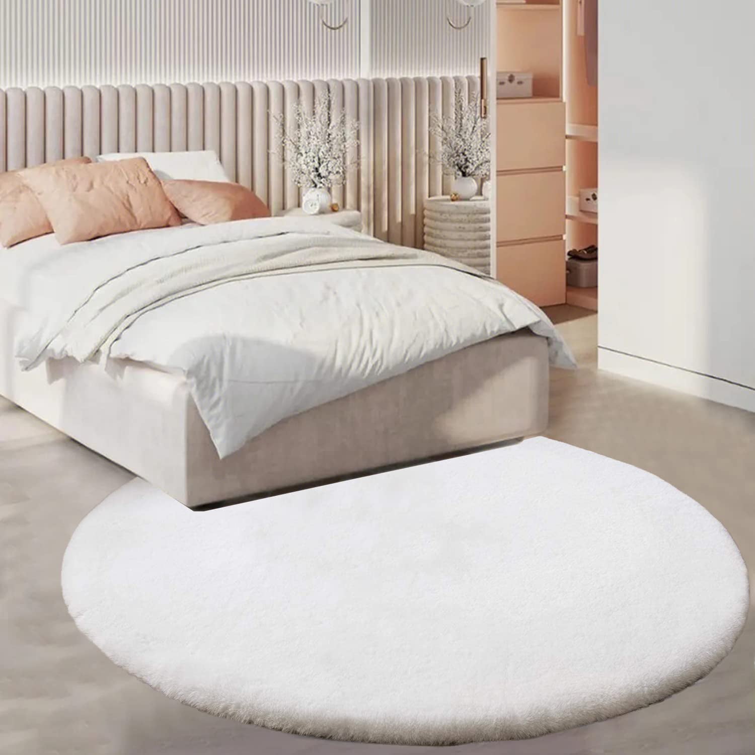 Ghouse 8x8 White Faux Fur Round Rug, Machine Washable, Soft, Fluffy ...