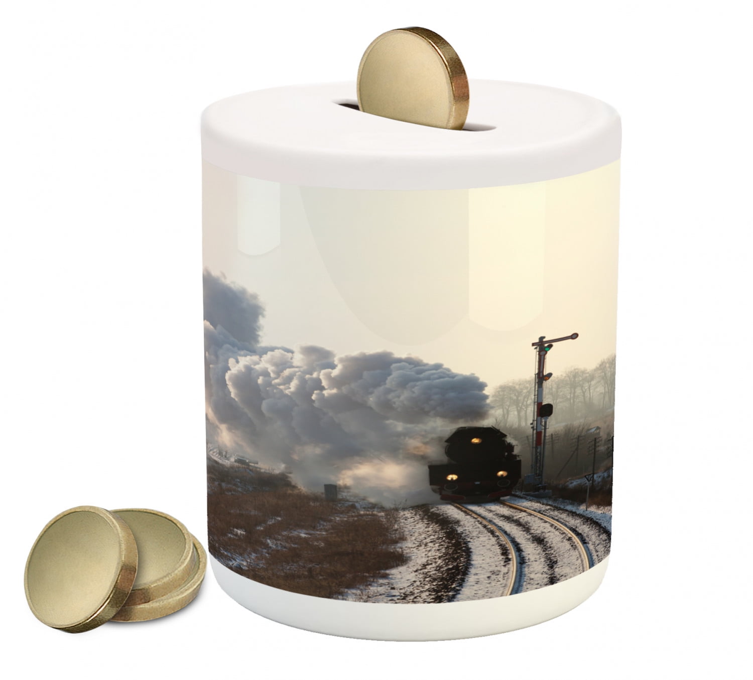Steam Engine Piggy Bank, Train on Rails Winter Snow Landscape Steel ...