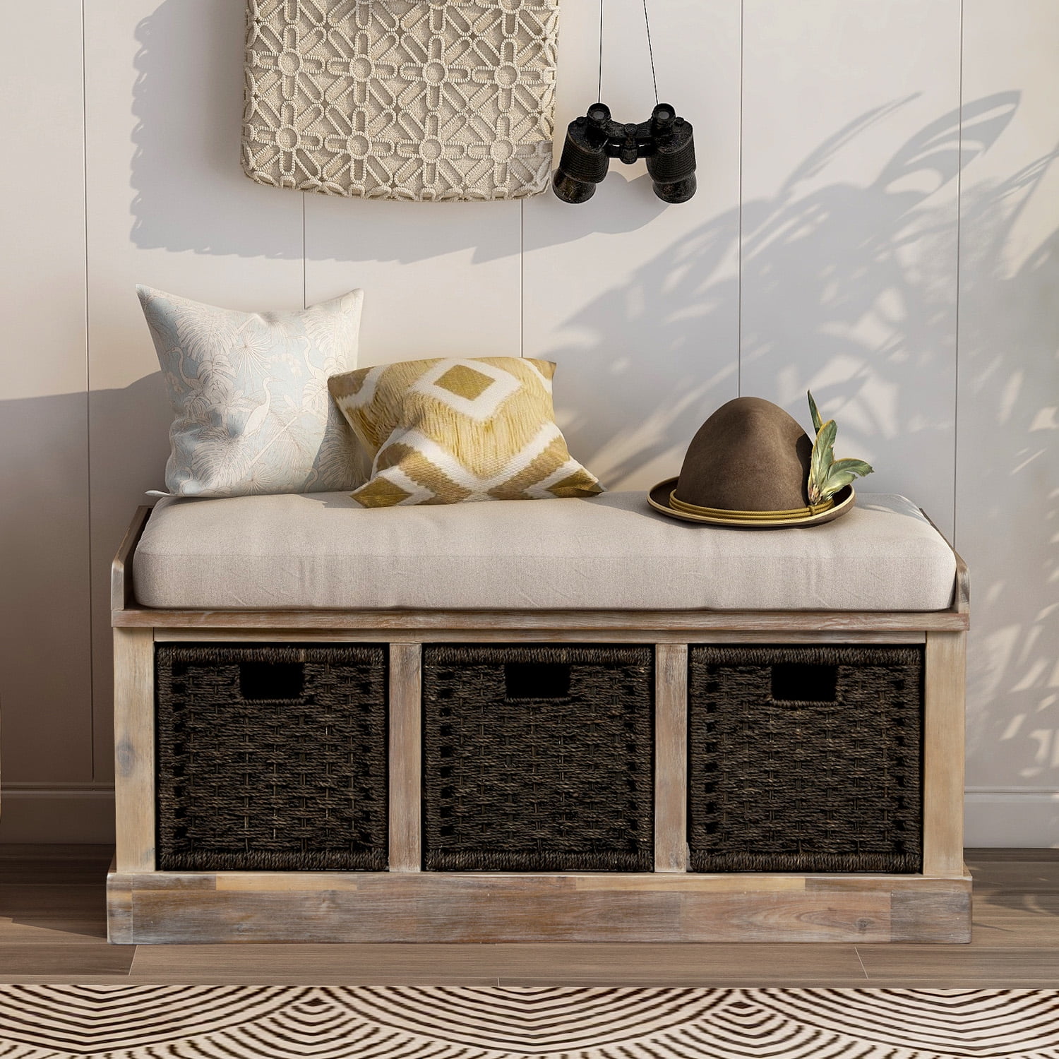SAIBAIYEE Rustic Storage Bench with 3 Removable Classic Fabric Basket ...