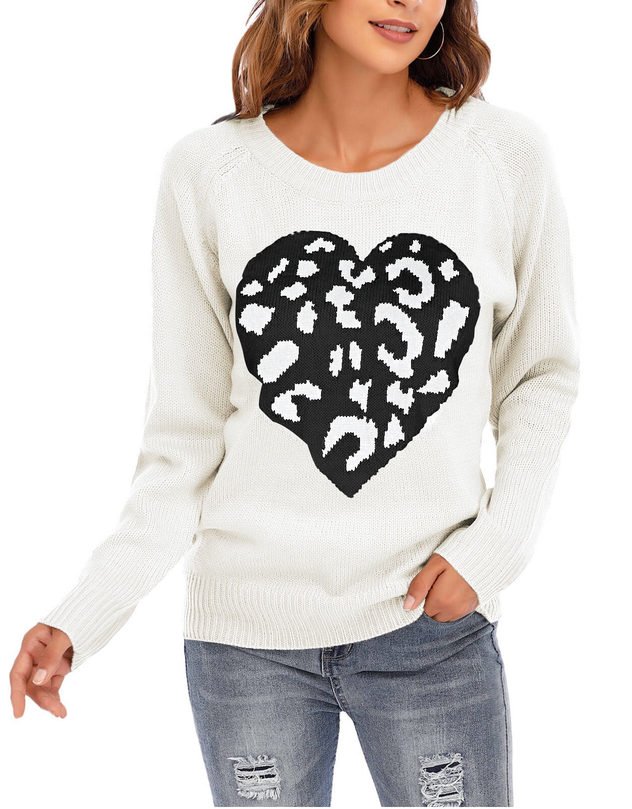 Sweaters for Women Crew Neck Long Sleeve Womens Sweaters Heart Leopard ...