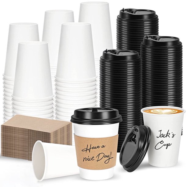 Disposable Coffee Cups with Lids 12 oz (100 Pcs) , Sleeves, Paper ...