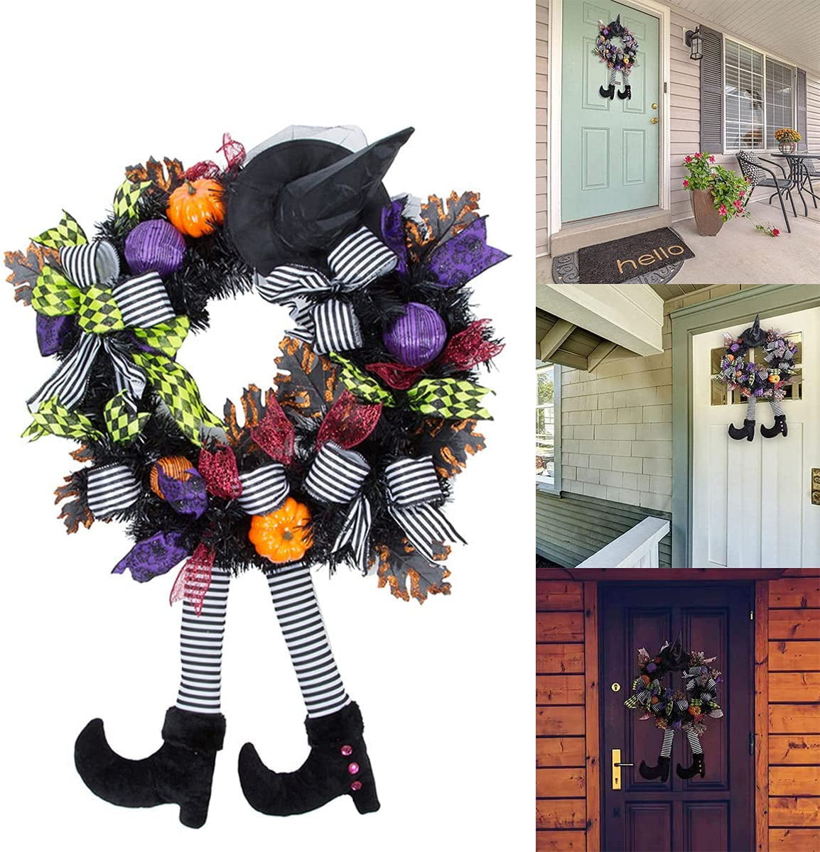 Halloween Wreath with Hat Legs Pumpkin Door Hanging Garland Front Door ...