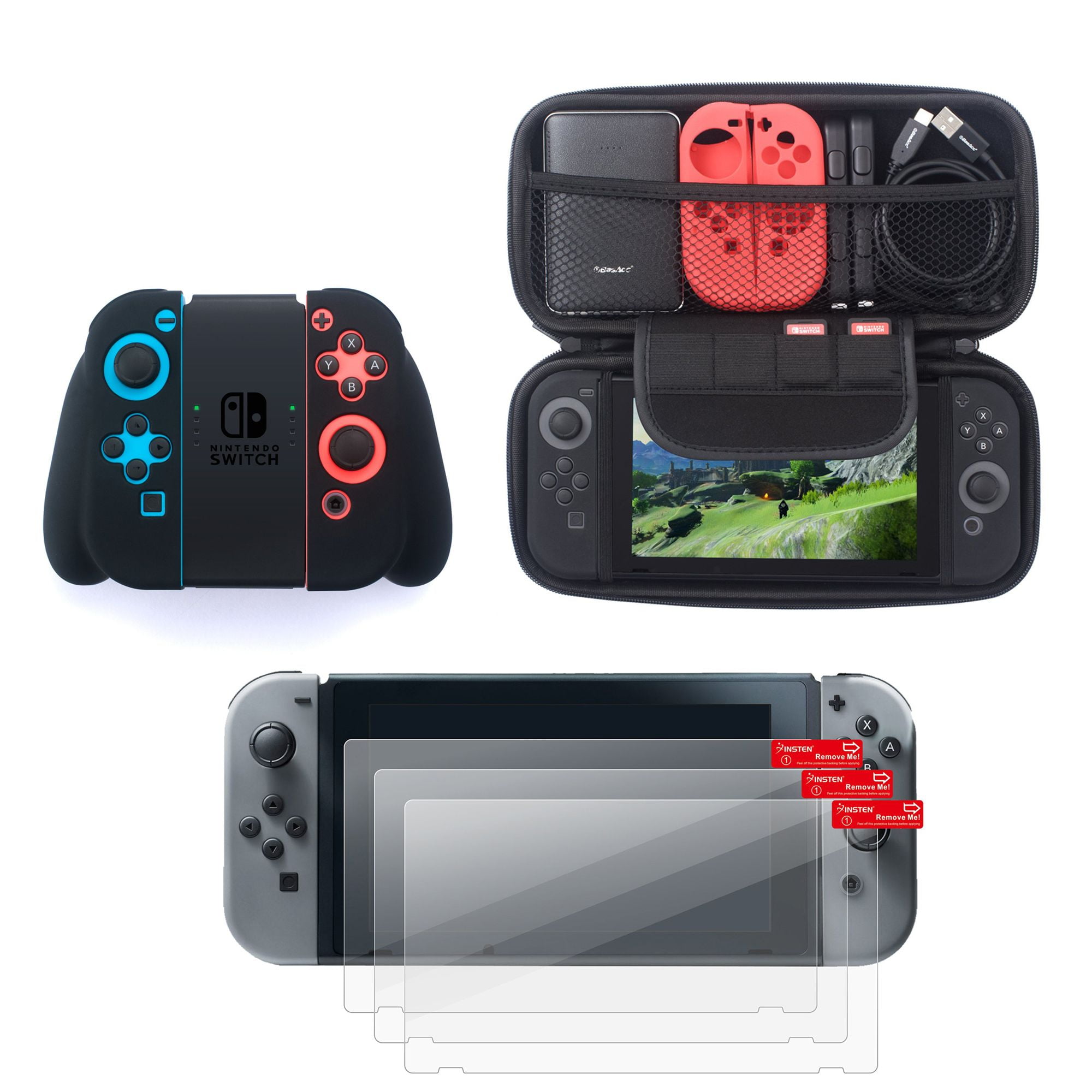 insten Joy-Con Controller Dock Grip Skin + EVA Carrying Travel Hard ...