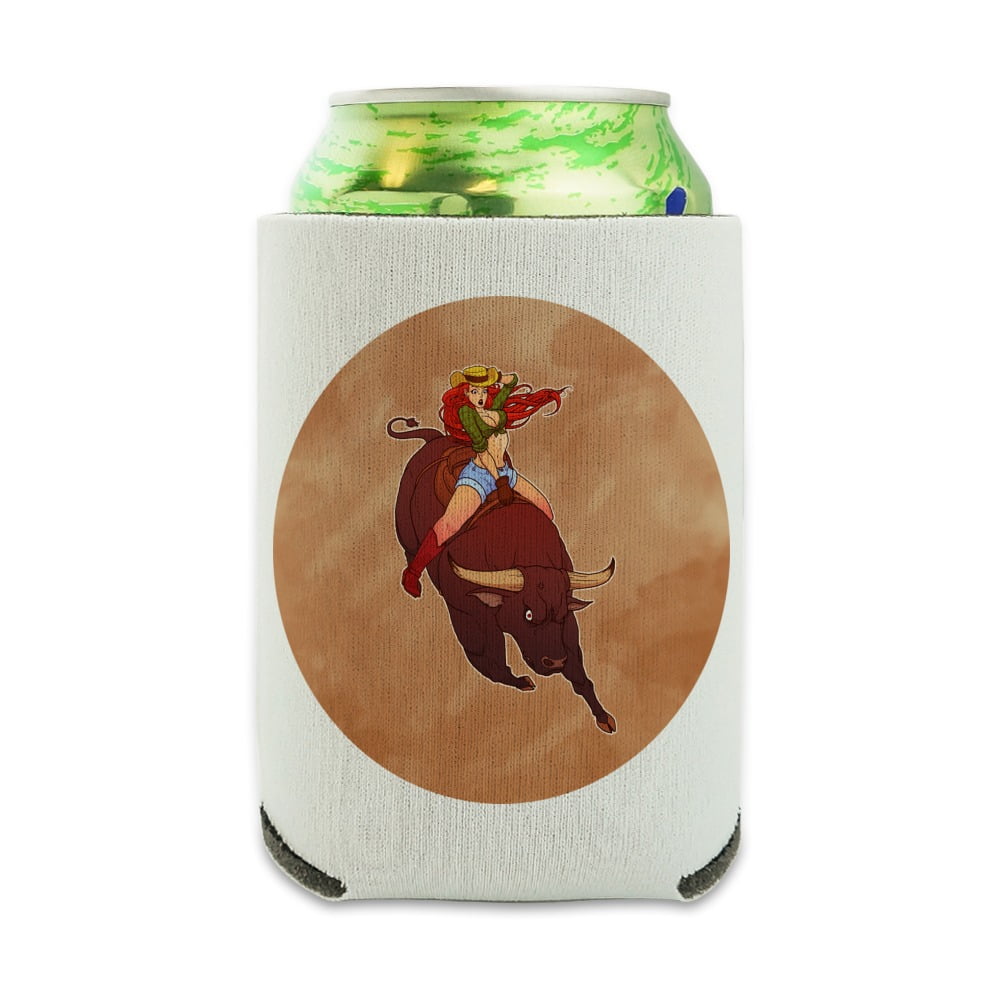 Cowgirl Pinup Riding Bucking Bull Rodeo Can Cooler - Drink Sleeve ...