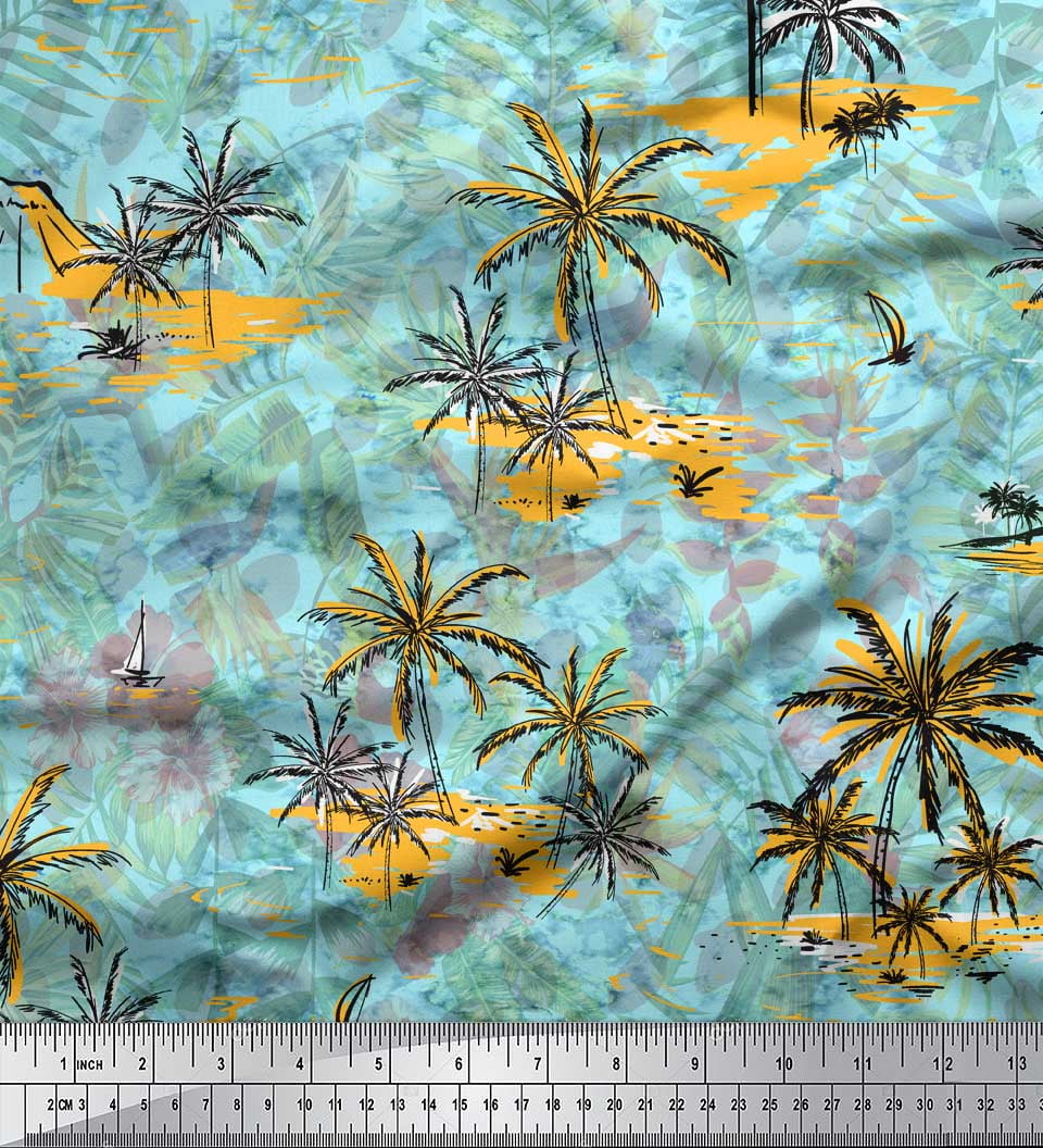 Soimoi Velvet Fabric Mountain,Tropical Leaves & Palm Tree Print Fabric ...