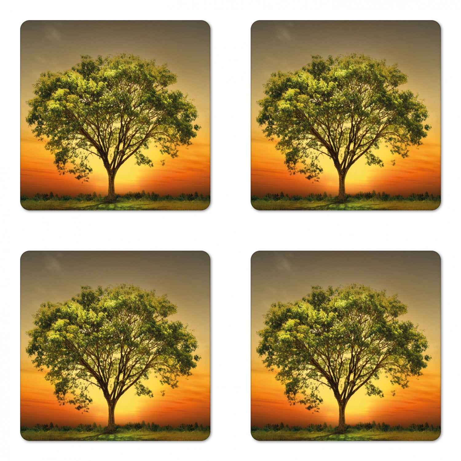Landscape Coaster Set of 4, Sunset Scenery in a Valley with a Big Old ...