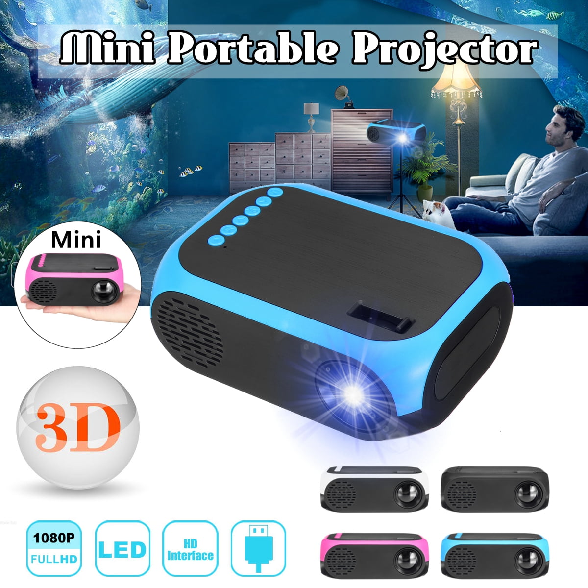 Mini Projector Portable 1080P LED Projector Home Cinema Theater Indoor ...