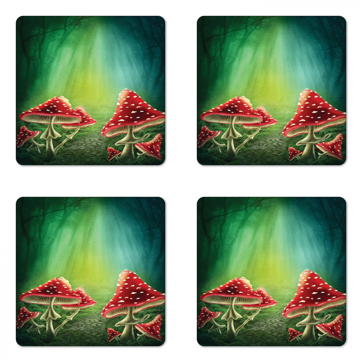 Mushroom Coaster Set of 4, Dark Forest with Mushrooms Adventure Misty ...