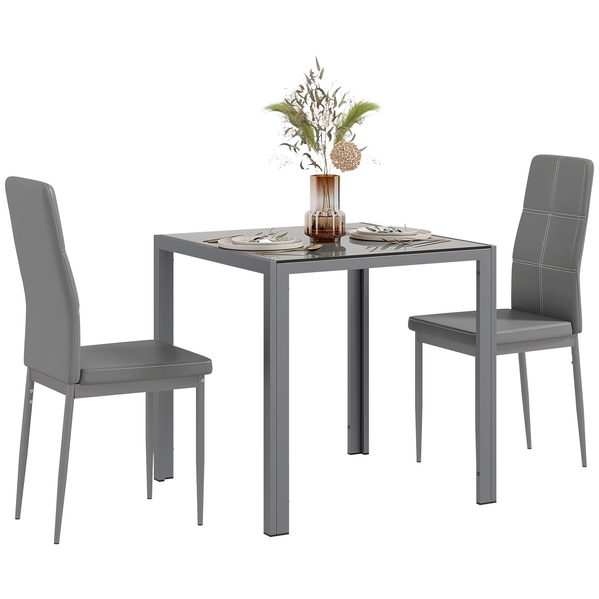 HOMCOM Rectangular Glass Kitchen Table With Chairs, Set for 2, Grey ...