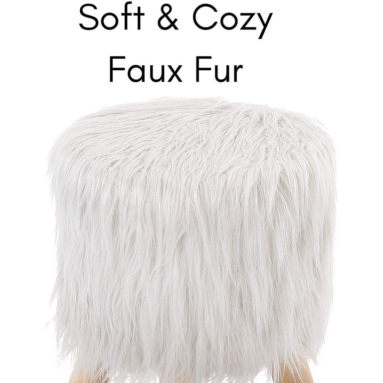 BirdRock Home Faux Fur Foot Stool Ottoman with Wood Legs White