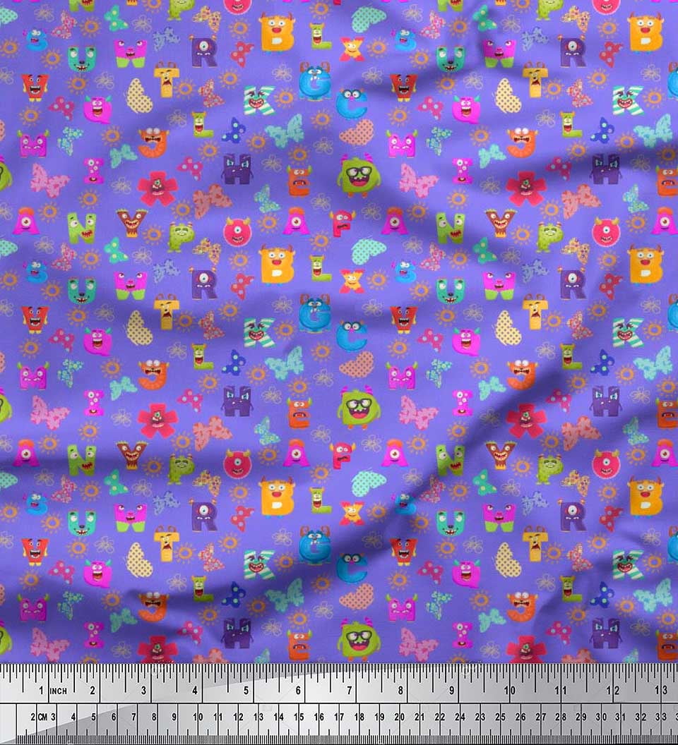 Soimoi Purple Japan Crepe Satin Fabric Insect,Sun & Cartoon Alphabets ...