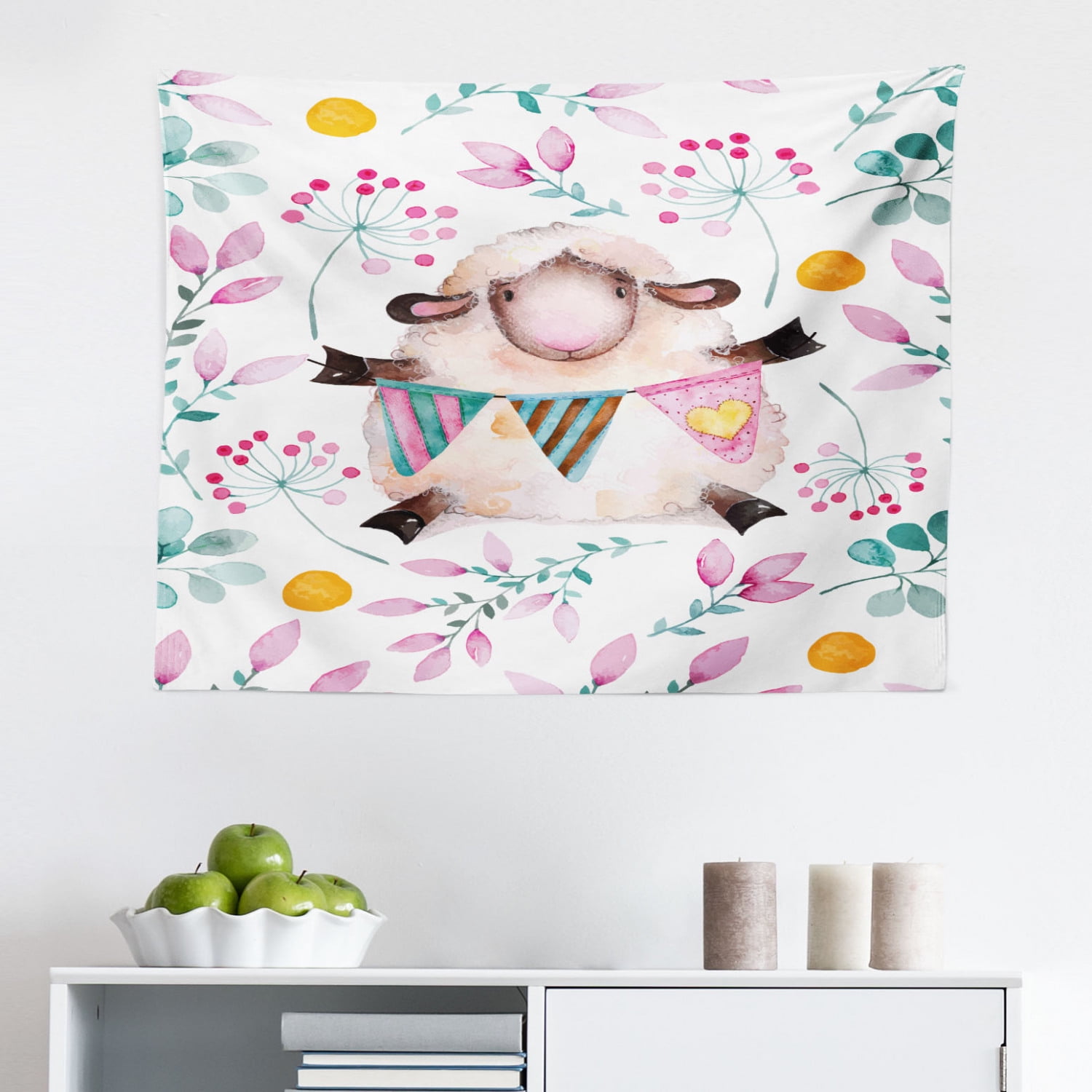 Floral Tapestry, Graphic Daisy Blossoms Design on Yellow Background ...