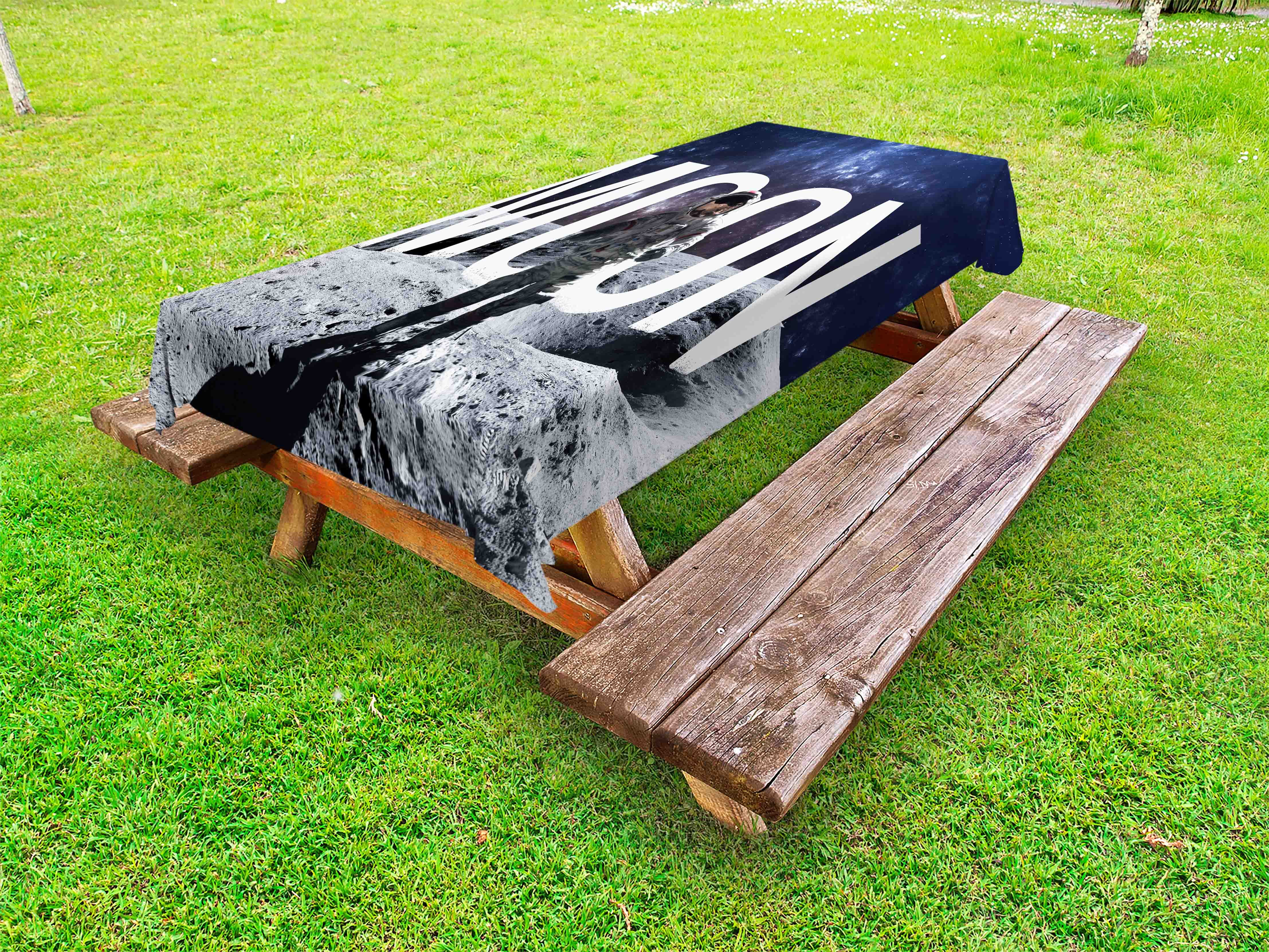 Outer Space Outdoor Tablecloth, Miniature Toy Astronaut on the ...